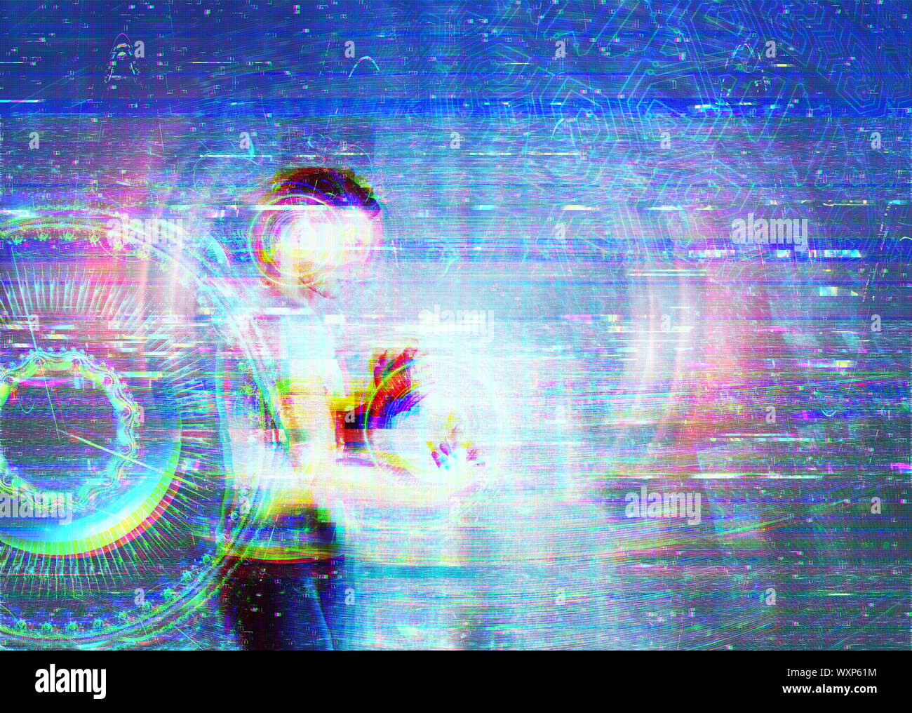 3D rendered man in VR glasses with grunge glitch texture, abstract tech ...