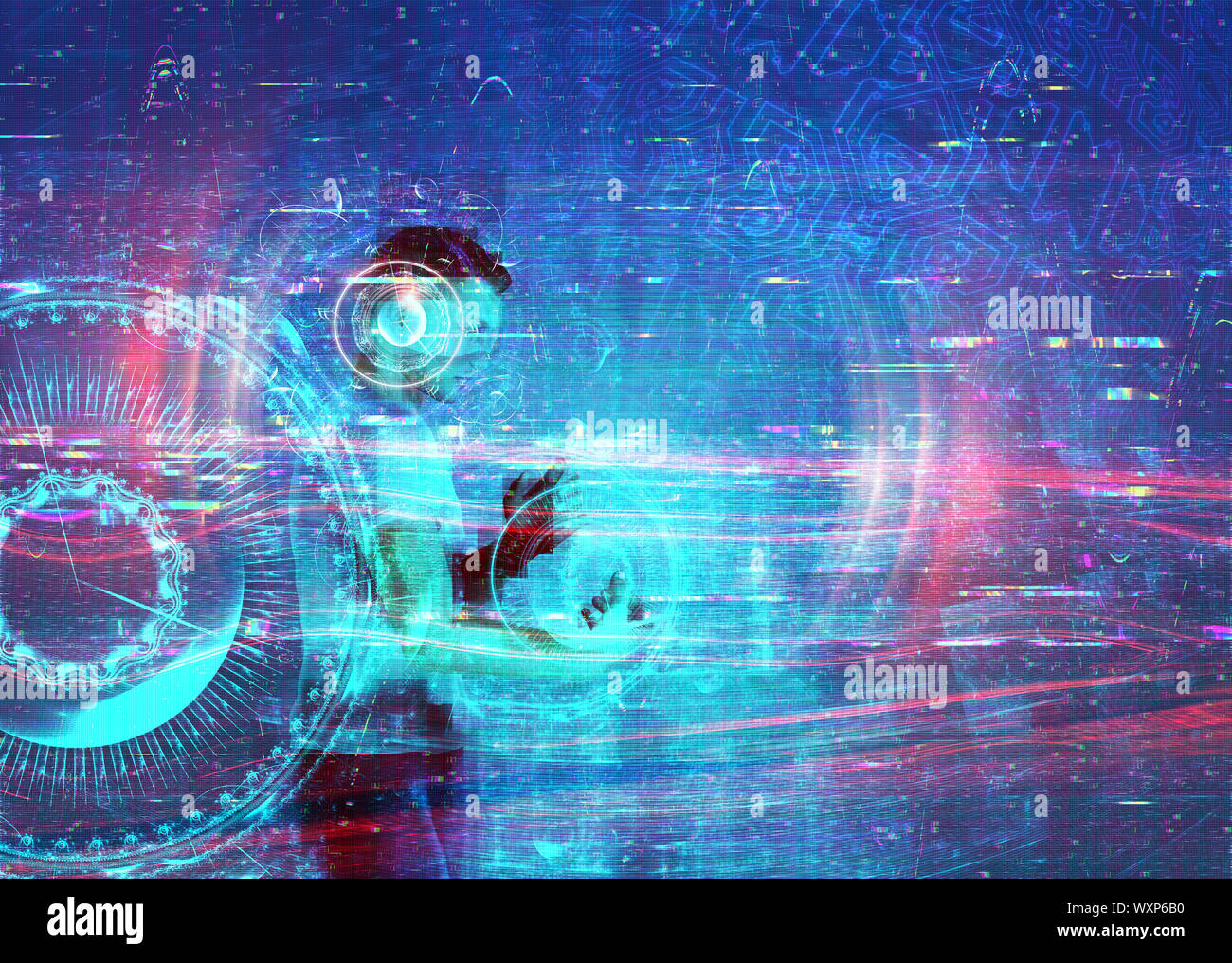 3D rendered man in VR glasses with grunge glitch texture, abstract tech ...