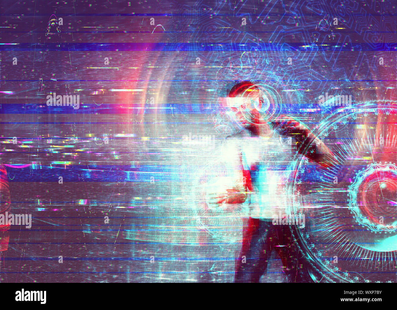 3D rendered man in VR glasses with grunge glitch texture, abstract tech ...