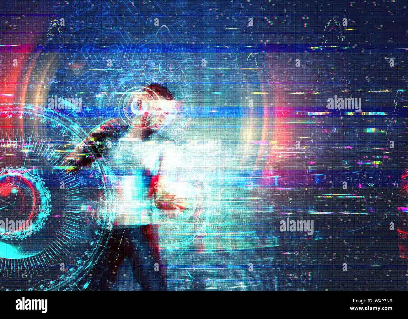 3D rendered man in VR glasses with grunge glitch texture, abstract tech ...