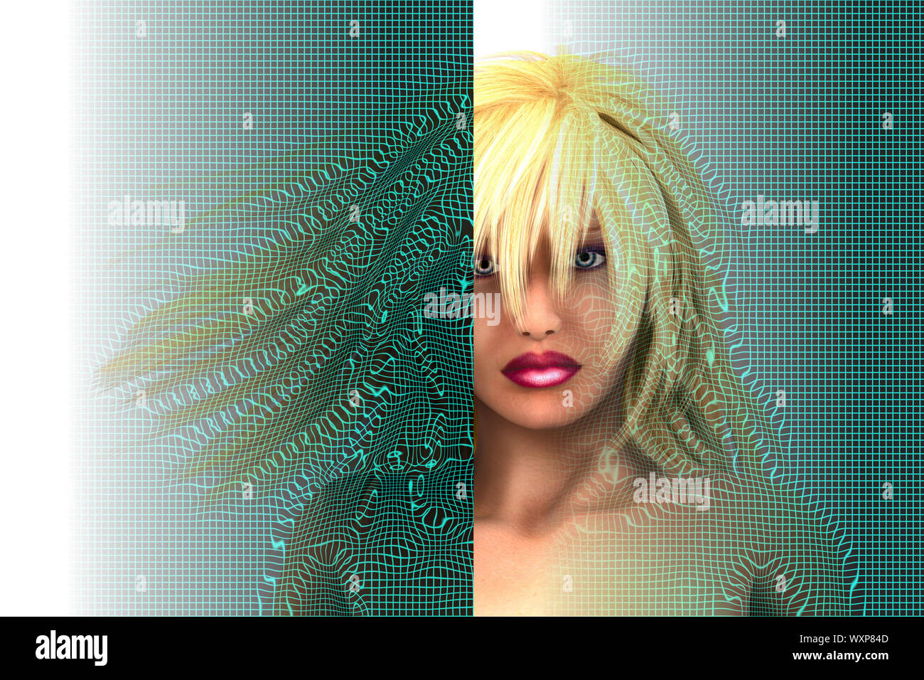 High-tech face technology background with coded grid on 3d woman's face ...
