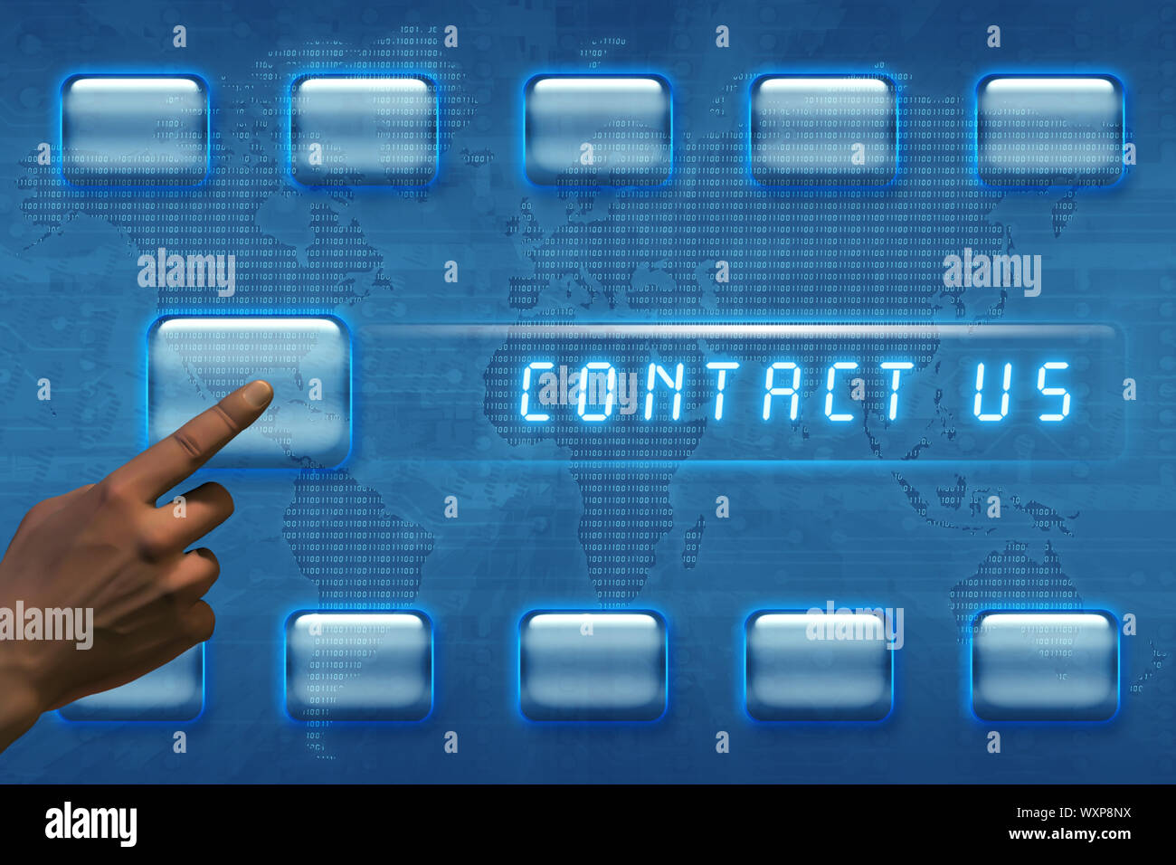 Hand pushing a contact us button on a touch screen interface Stock ...