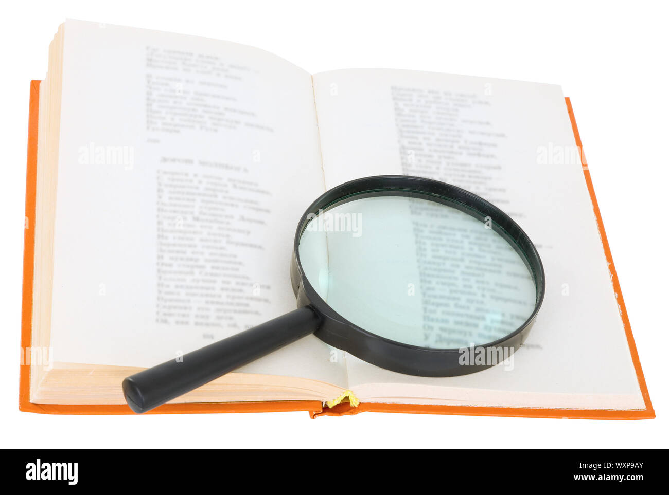 Open book and magnifier isolated on white background Stock Photo - Alamy