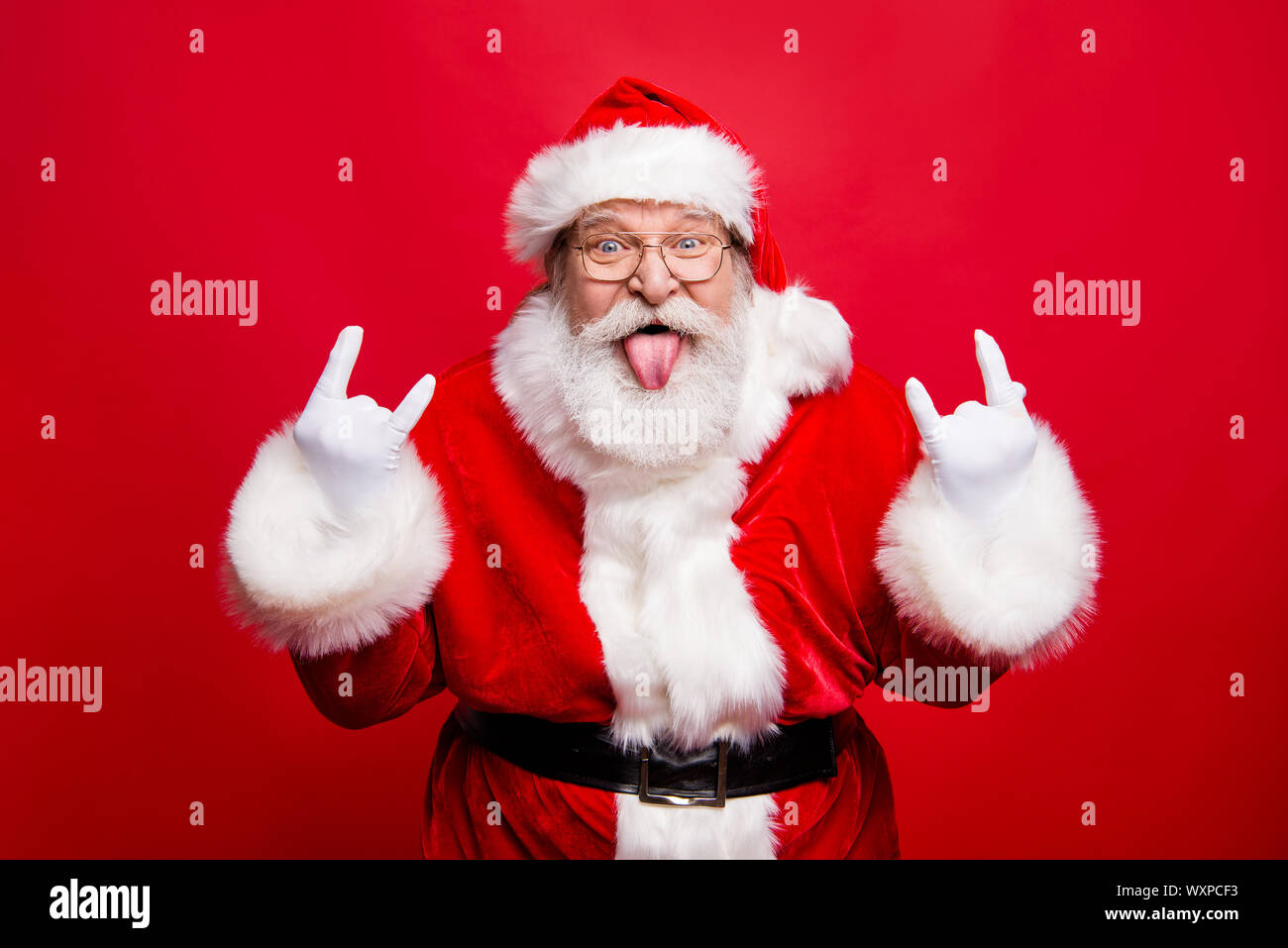 Ho-ho-ho! Party time concept. Aged mature playful emotion grandfather ...