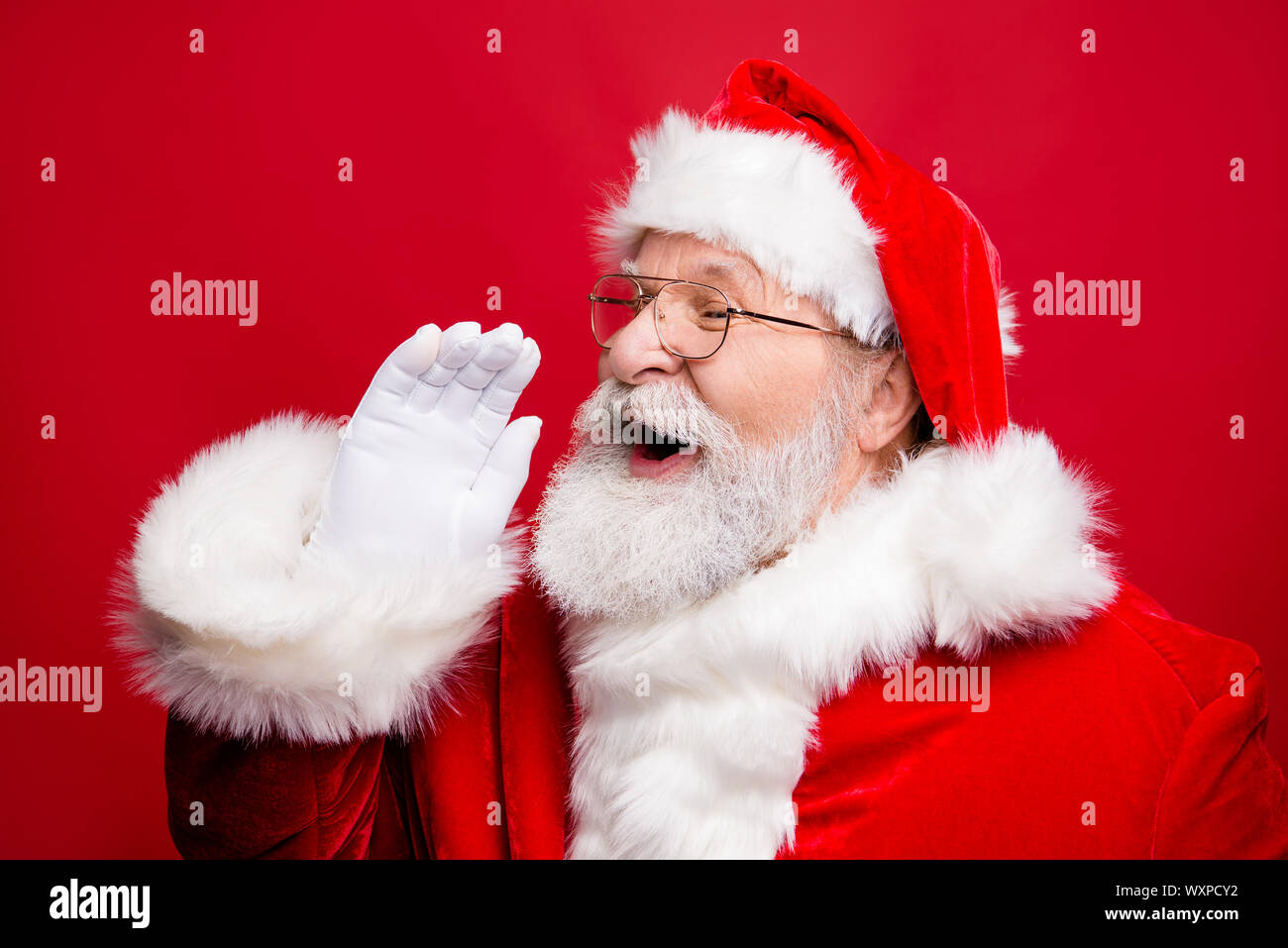 Communication concept. Profile side view photo of excited funny kind ...