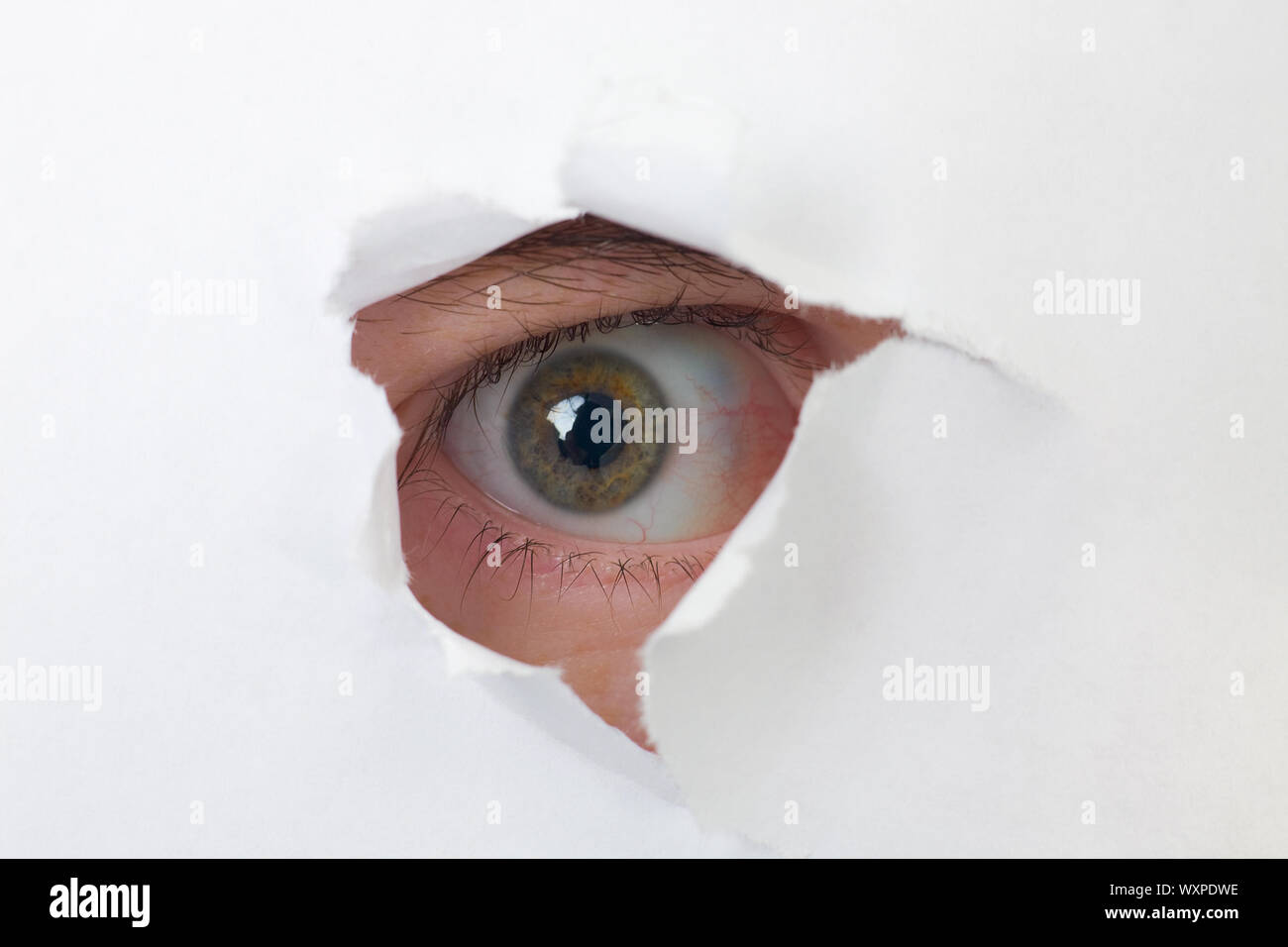 Human eye looking through a hole in white paper Stock Photo - Alamy