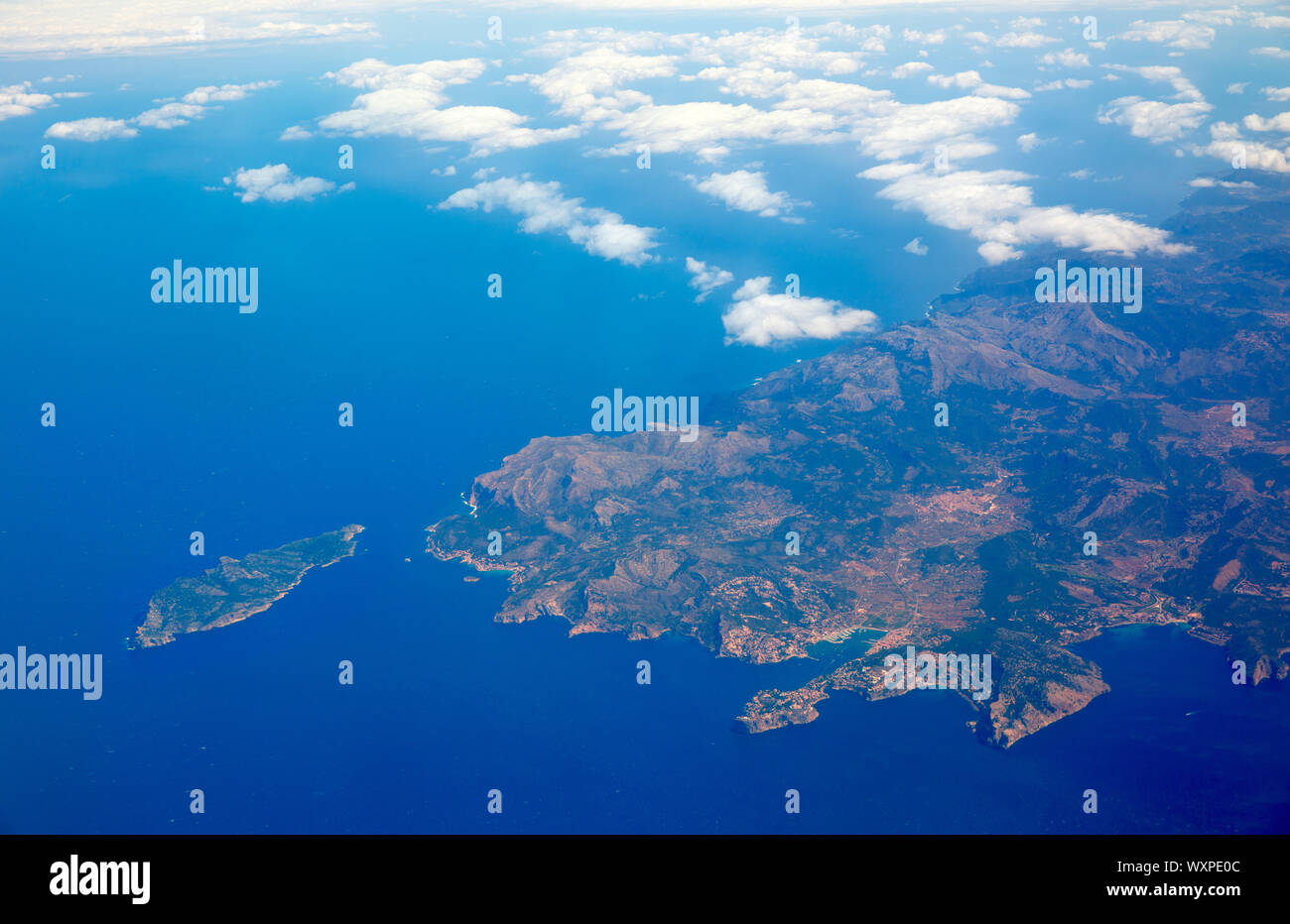 Aerial view of Majorca north of Mallorca balearic island in blue ...