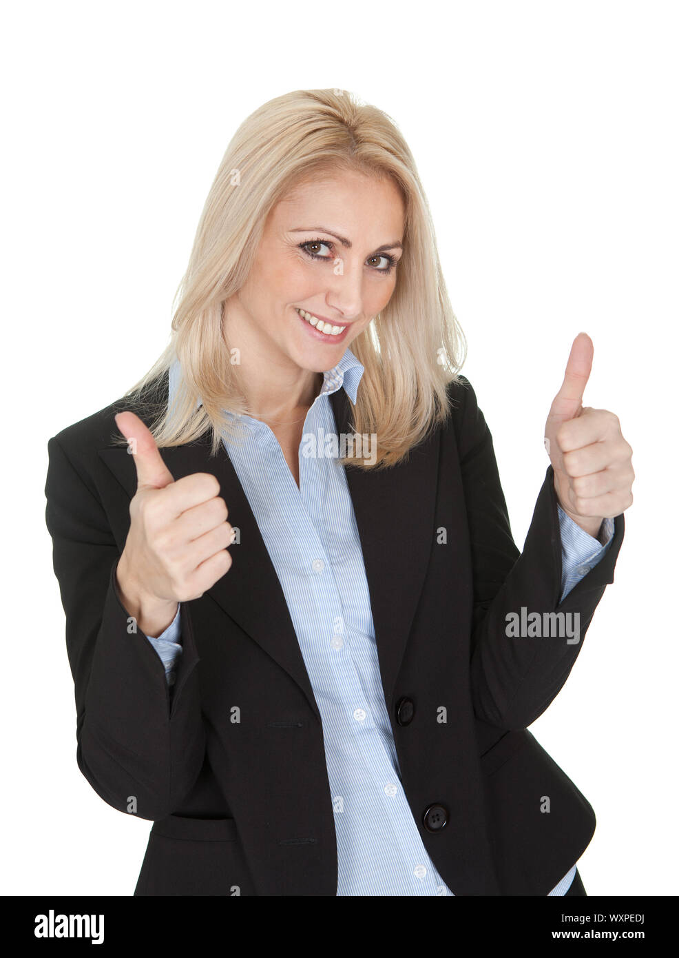 Beautiful business woman making a gun gesture. Isolated on white Stock ...