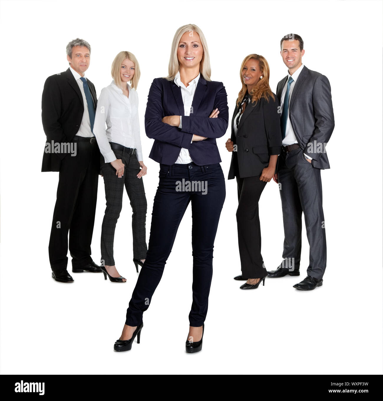 Portrait of positive female leader with her colleagues on white ...