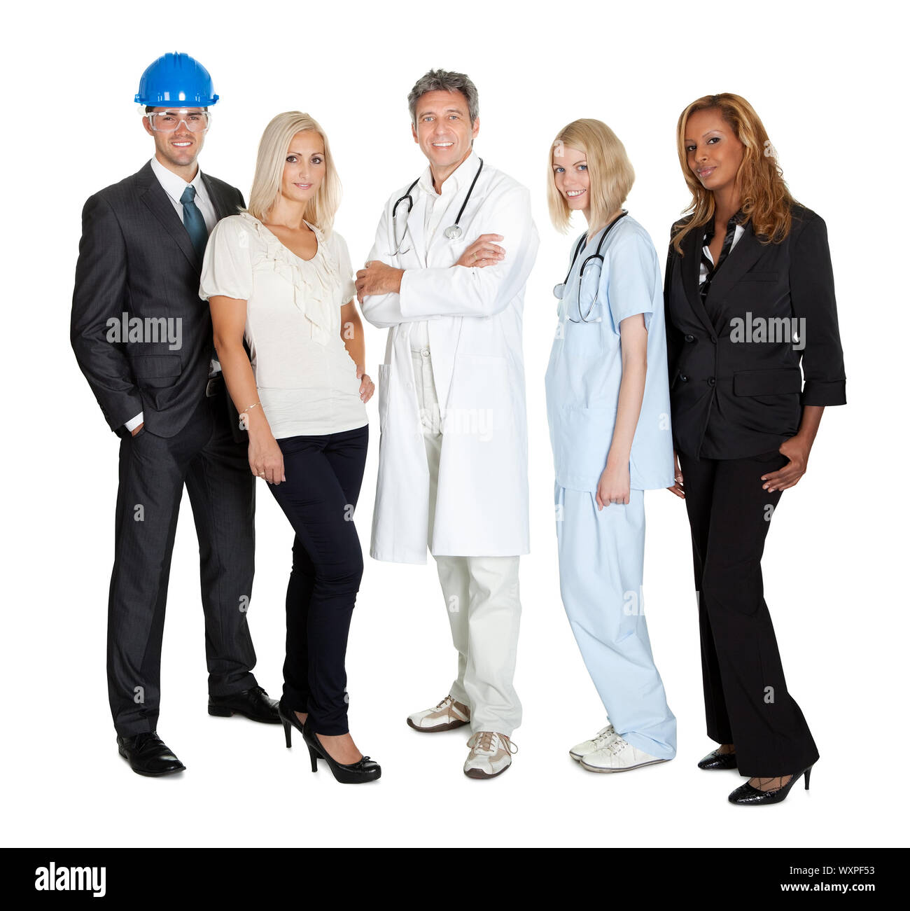 Portrait of people of different professions standing together on white ...