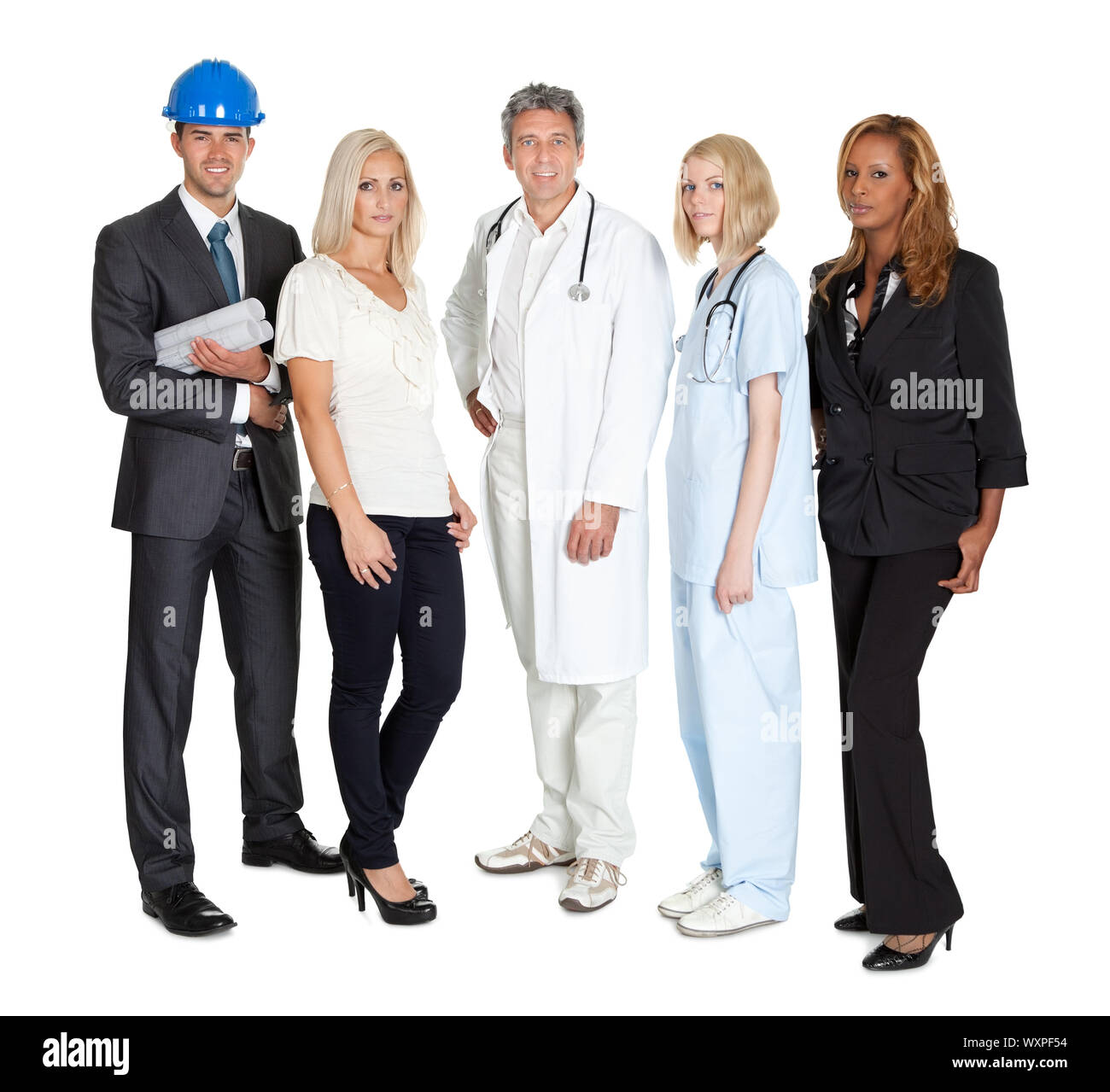 Portrait of happy people of different professions together on white ...
