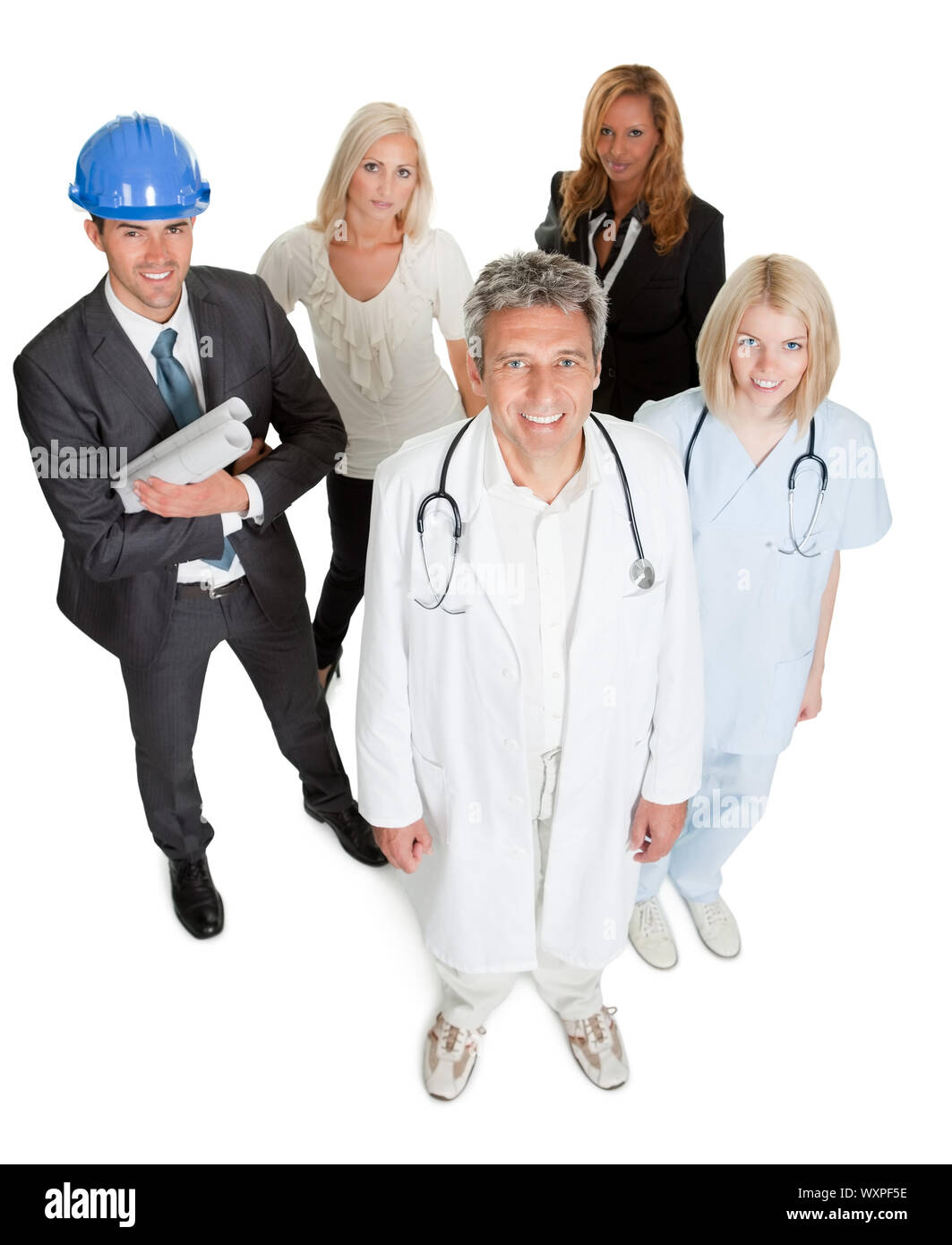 Portrait of happy working people illustrating different career options ...