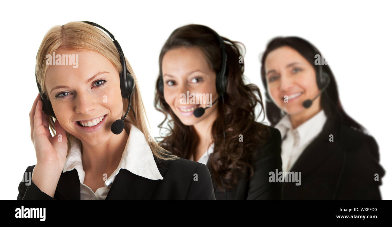 Group of cheerfull call center operators. Isolated on white Stock Photo ...