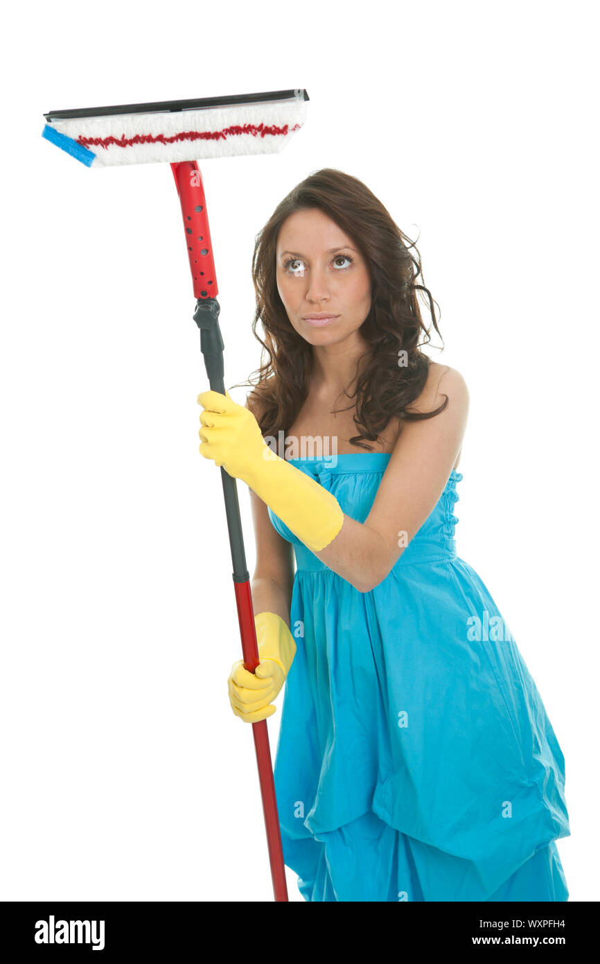 Cheerful woman cleaning window. Isolated on white Stock Photo - Alamy