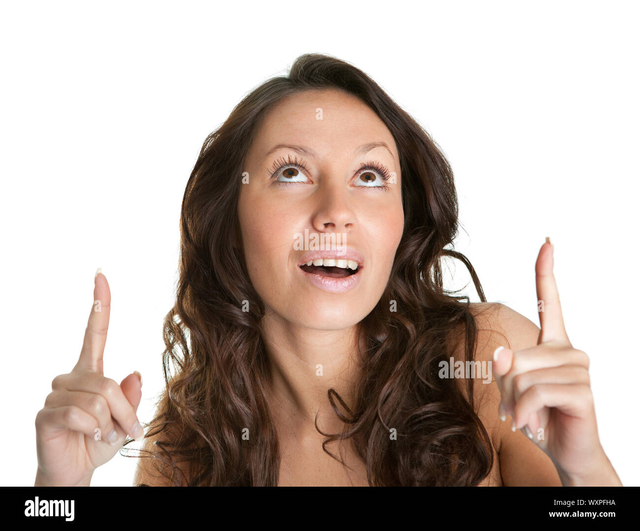Cheerful women point up to copyspace. Isolated on white Stock Photo - Alamy