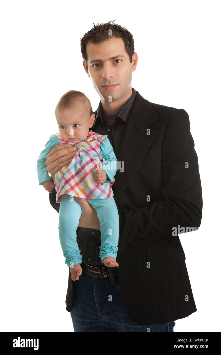 Portrait of successful business man with his cute baby isolated on ...