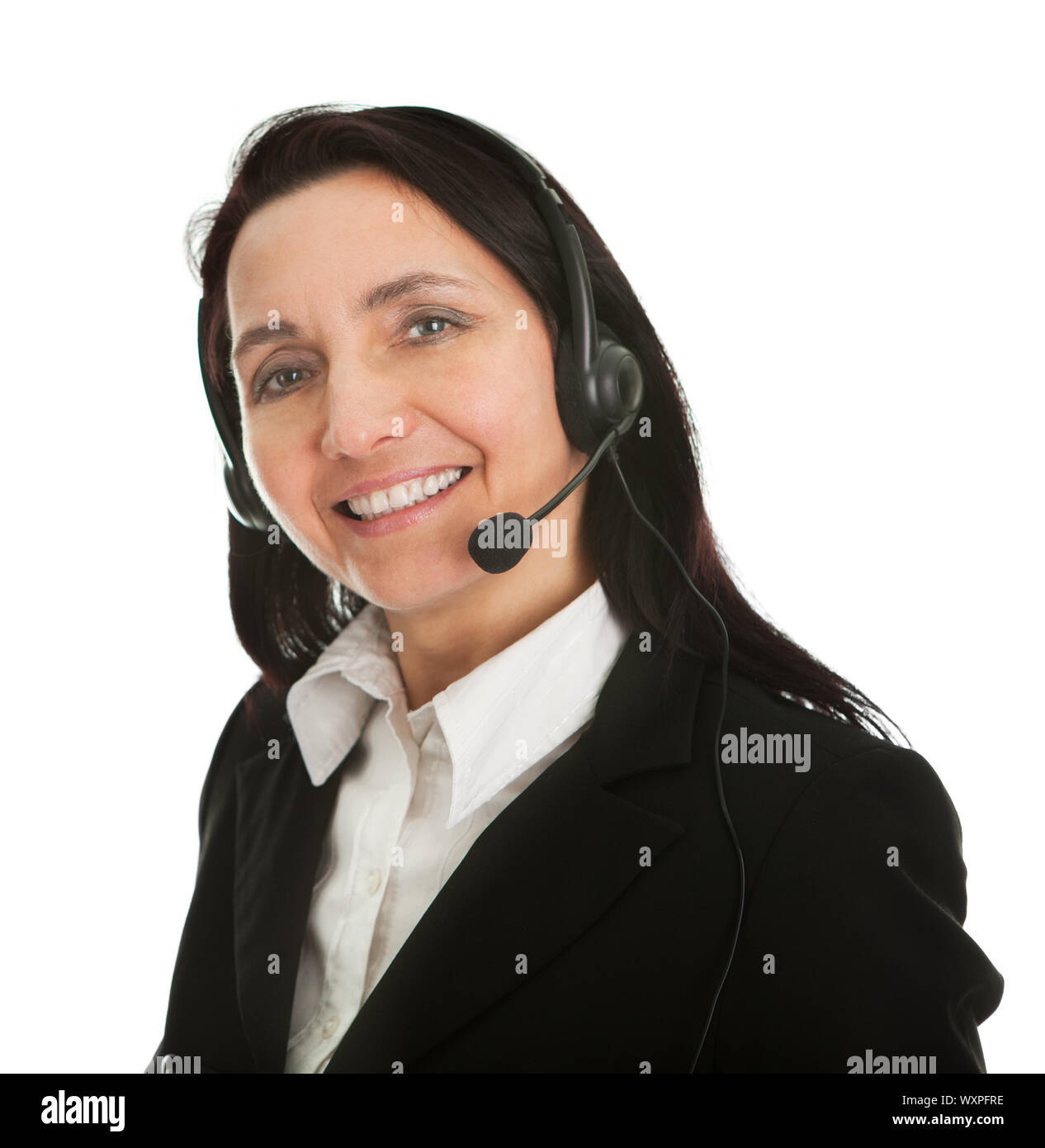 Cheerfull call center operator. Isolated on white Stock Photo - Alamy