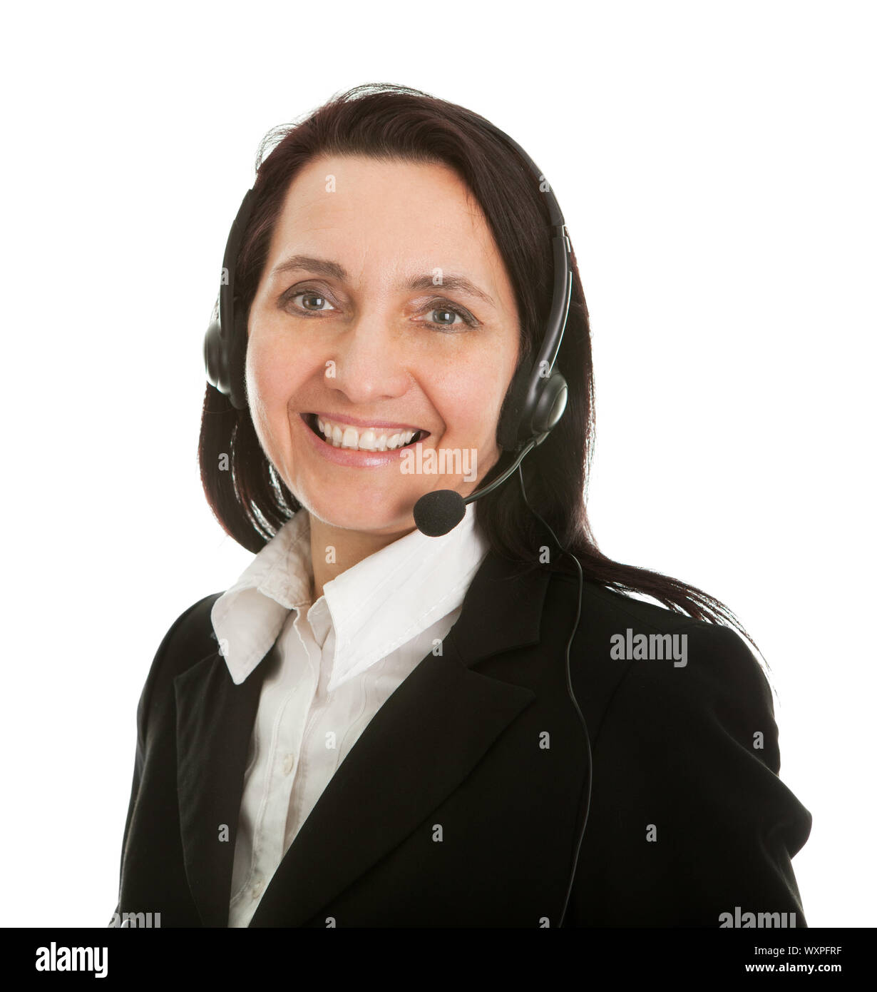 Cheerfull call center operator. Isolated on white Stock Photo - Alamy