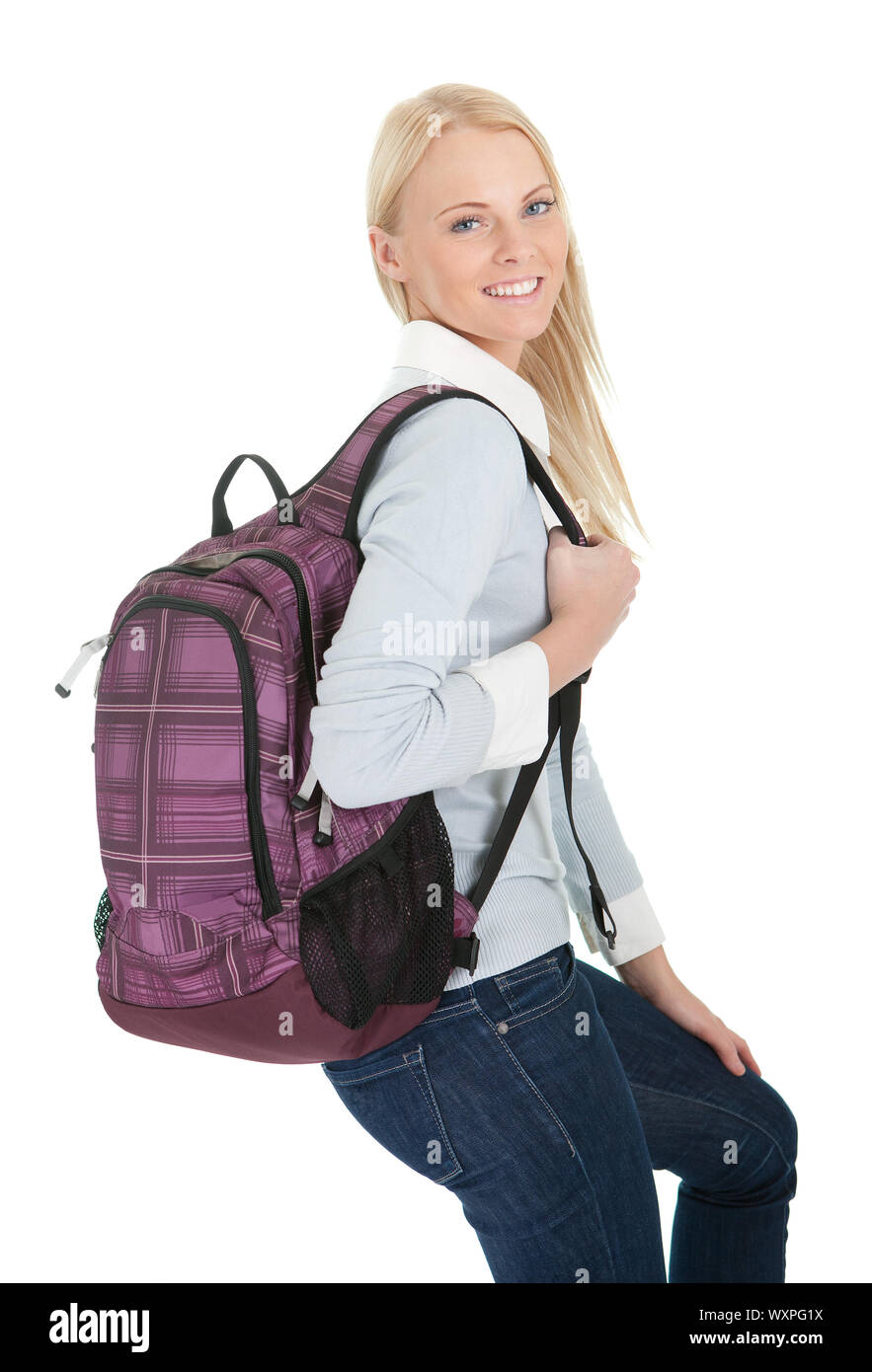 Portrait of beautiful student girl with backpack. Isolated on white ...