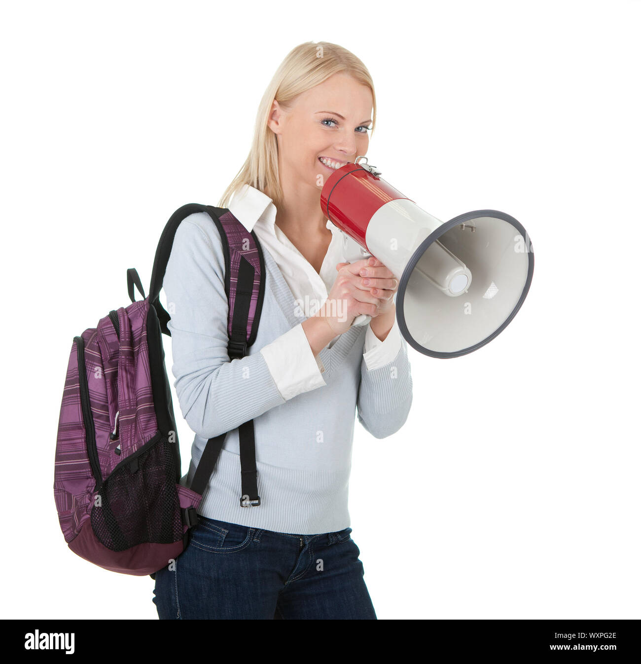 Beautiful student girl shouting in megaphone. Isolated on white Stock ...