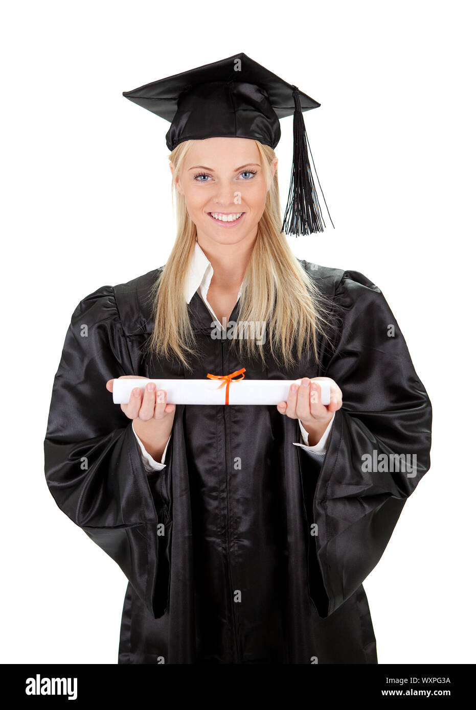 Beautiful female student graduating. Isolated on white Stock Photo - Alamy