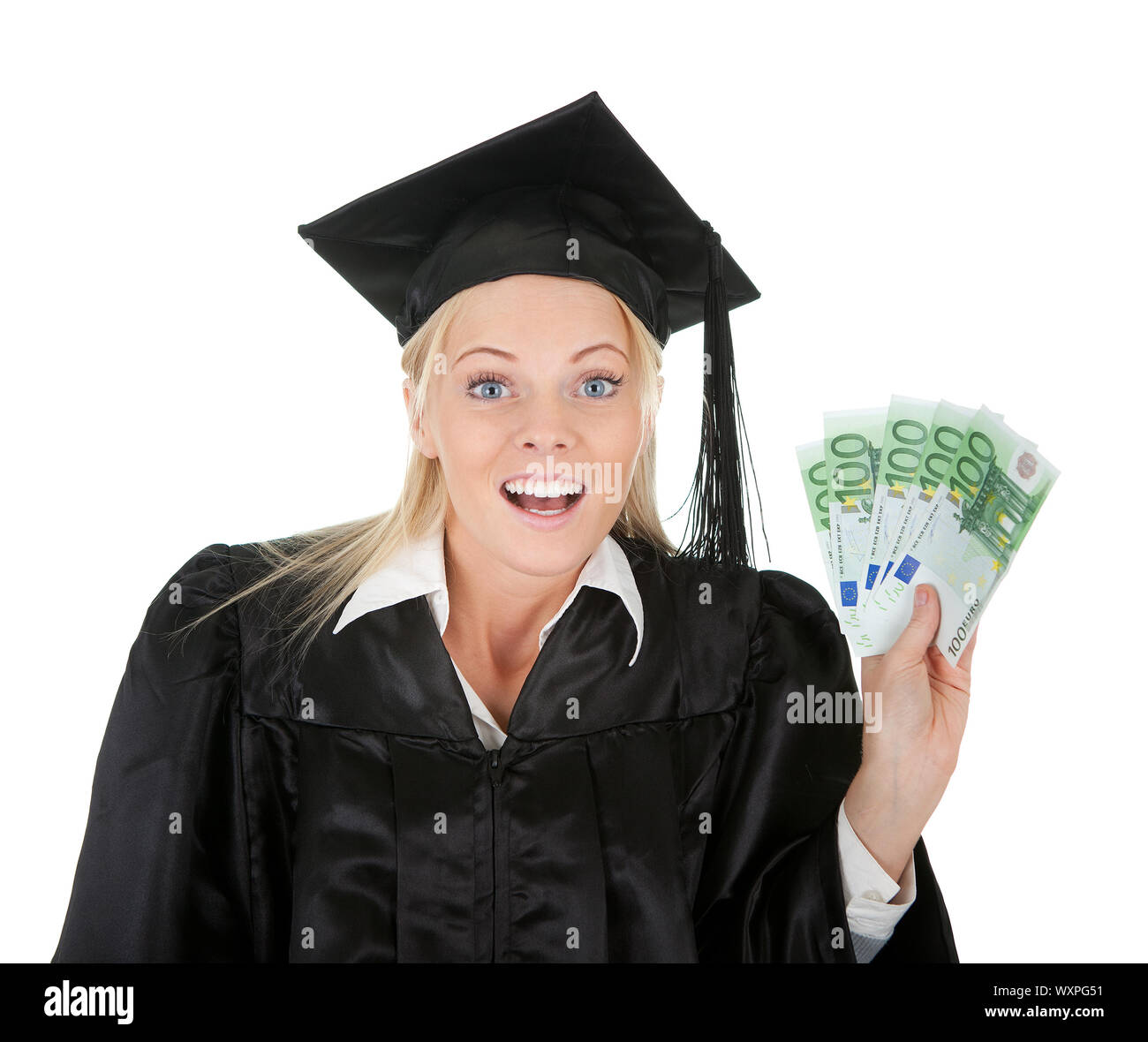 Female graduate student holding money. Isolated on white Stock Photo ...