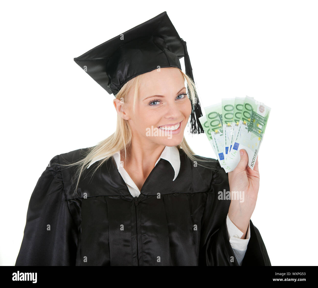 Female graduate student holding money. Isolated on white Stock Photo ...