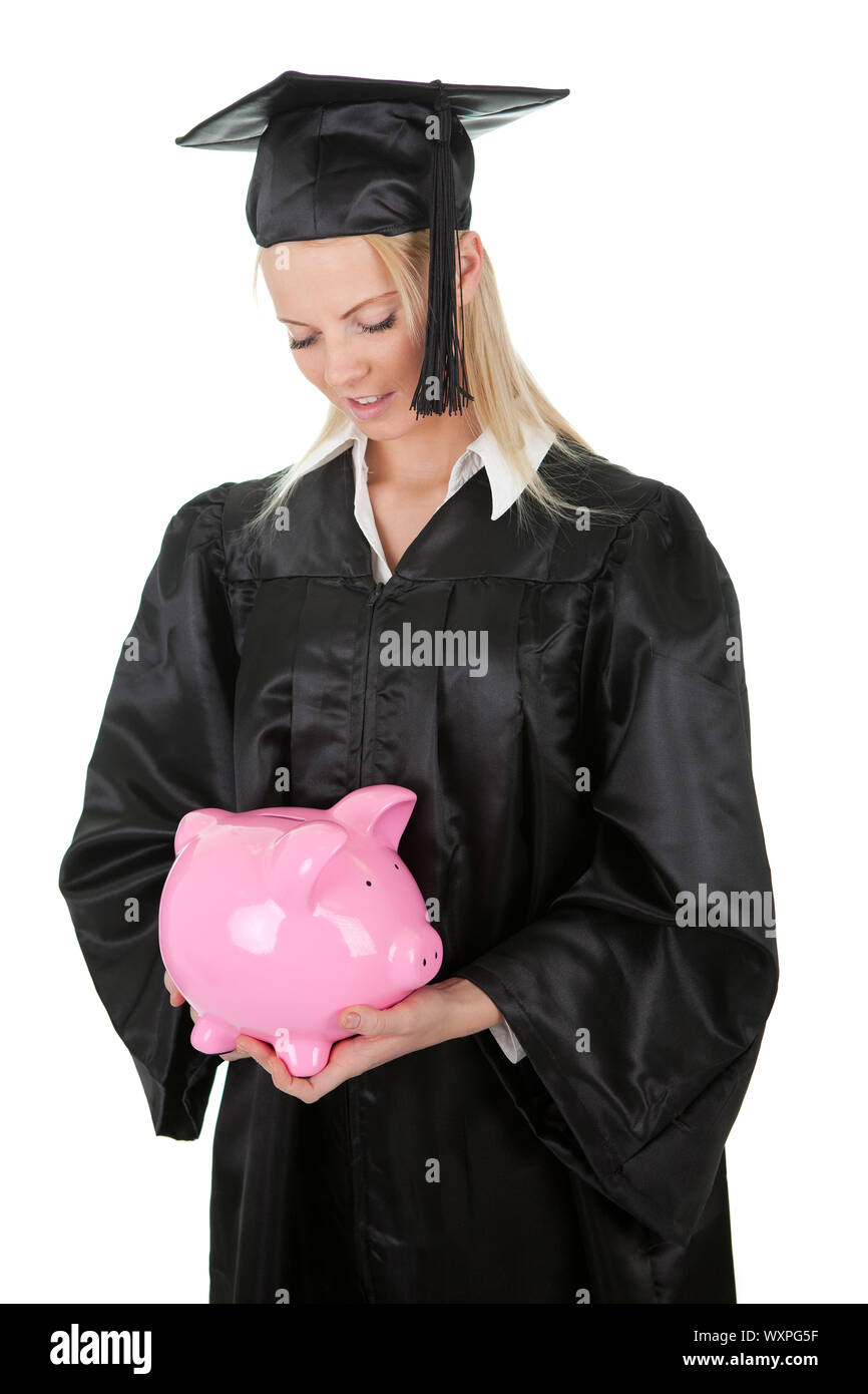 Female graduate student holding money. Isolated on white Stock Photo ...