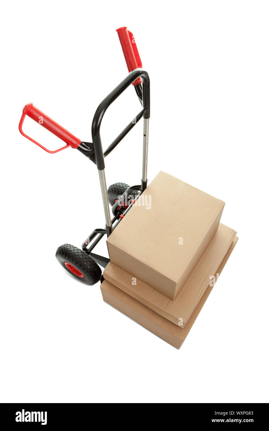 Top view of trolley with cardboard boxes on white background Stock ...