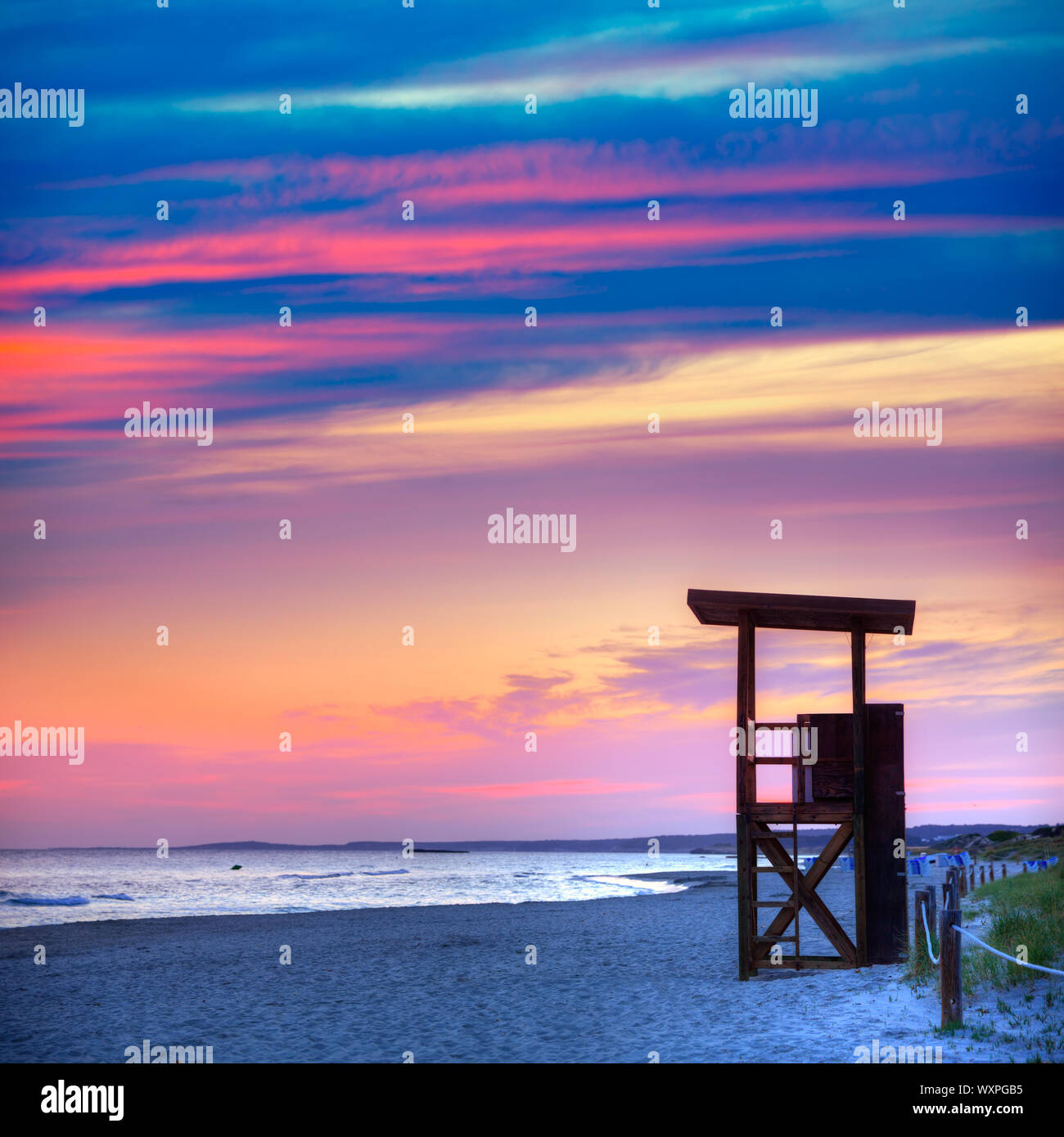 Menorca sunset in Son Bou beach of Alaior at Balearic Islands Stock ...