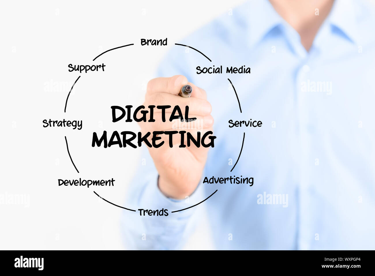 Young businessman holding a marker and drawing circular diagram of ...