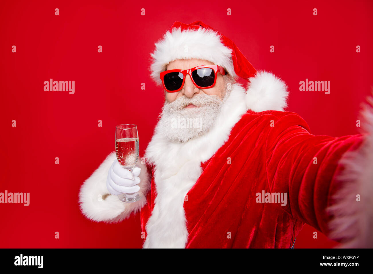 Self-portrait of glad cheerful dreamy Santa congratulations best wishes ...