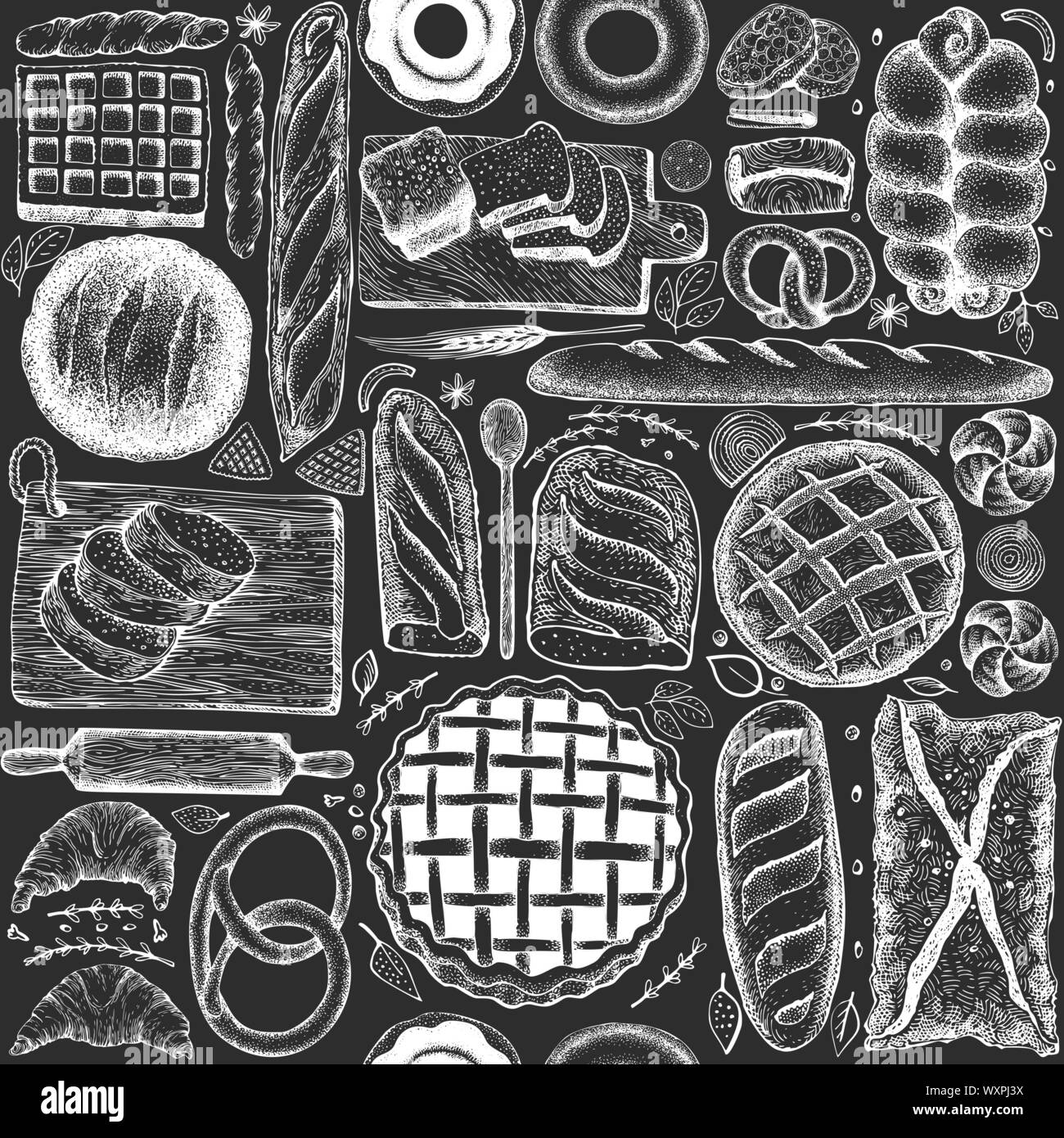 Bread and pastry seamless pattern. Vector bakery hand drawn ...
