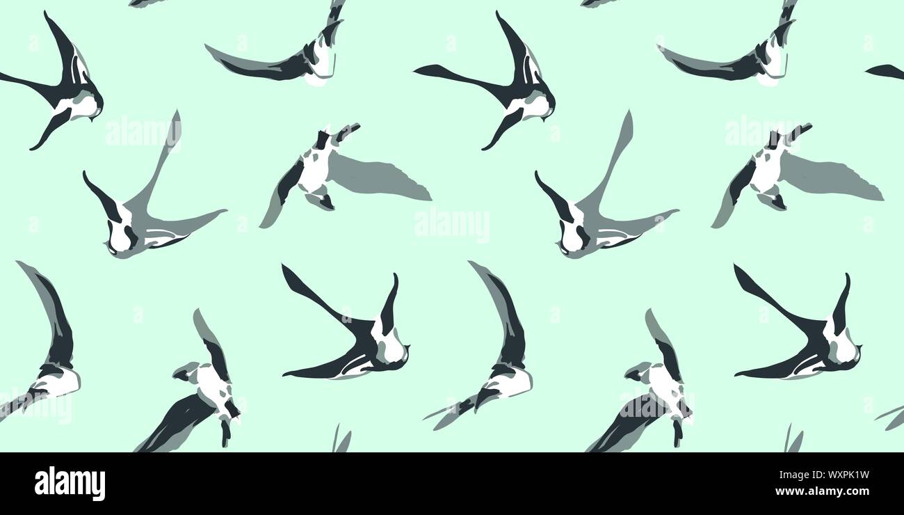 Blue vector repeat pattern with graphic black and white lark. Bird ...
