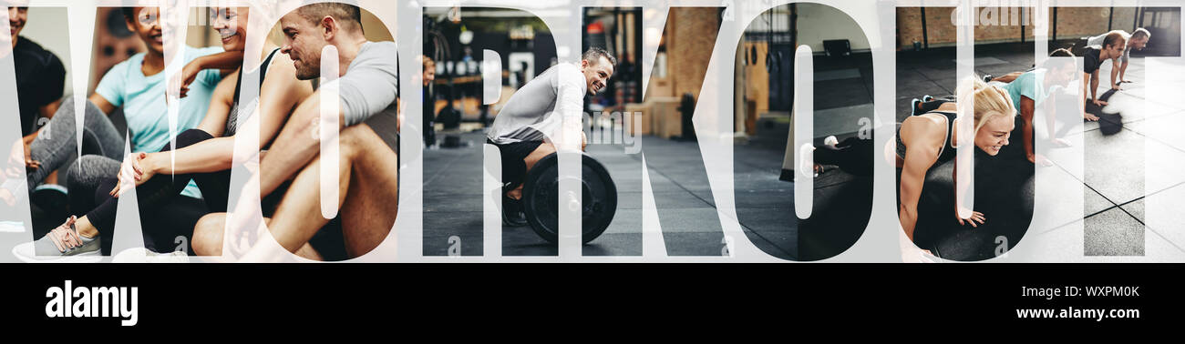Collage of a group of fit people doing pushups, lifting weights and ...