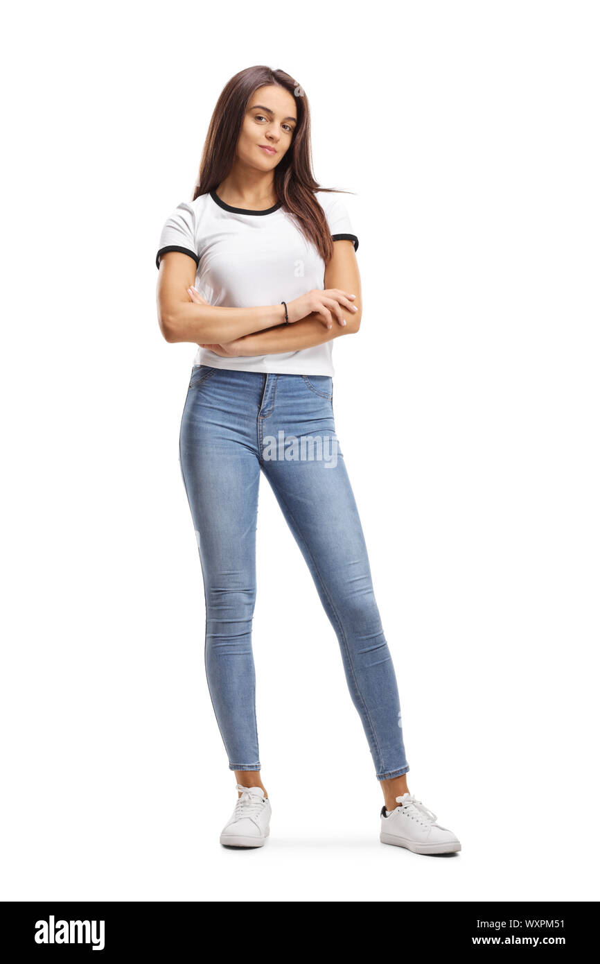 Full length portrait of a young tall brunette standing and looking at ...