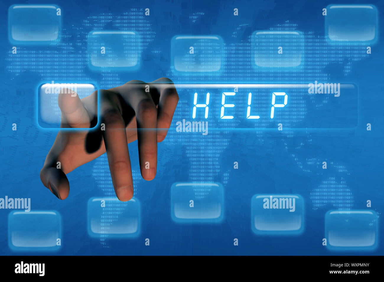 Hand pushing help button on a touch screen interface Stock Photo - Alamy