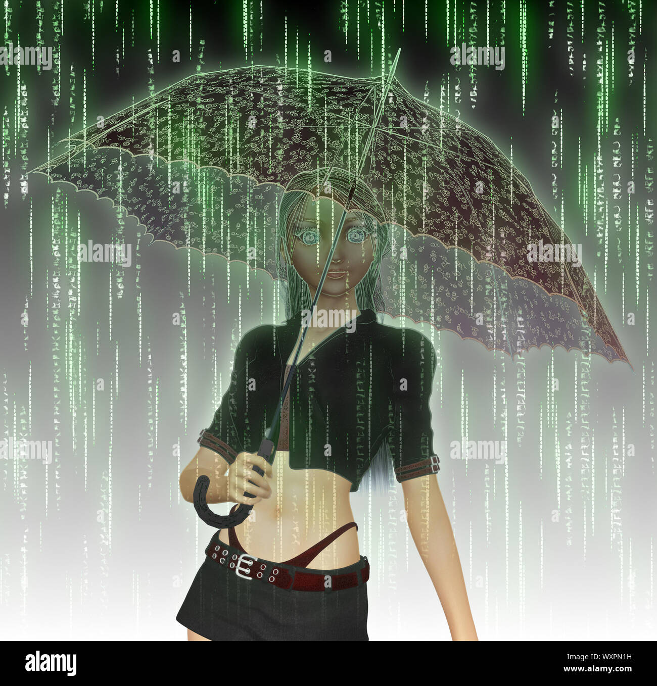 3d girl with umbrella over matrix green background Stock Photo - Alamy