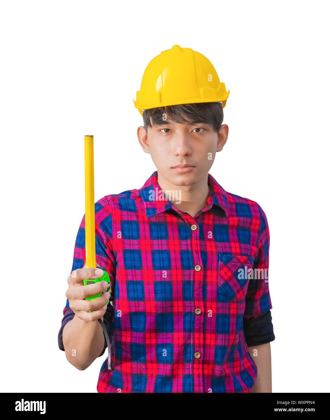 hand of engineer is holding tape measure in his hands and wear yellow ...