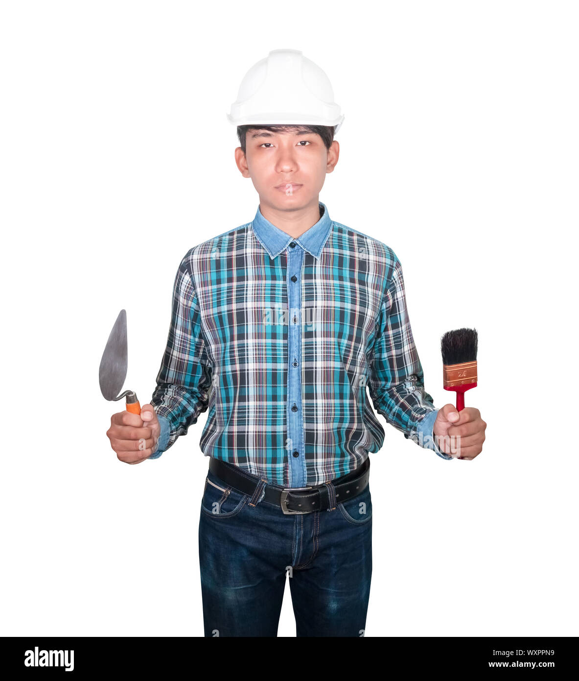 hand of engineer holding Triangle trowel and paint brush wear white ...