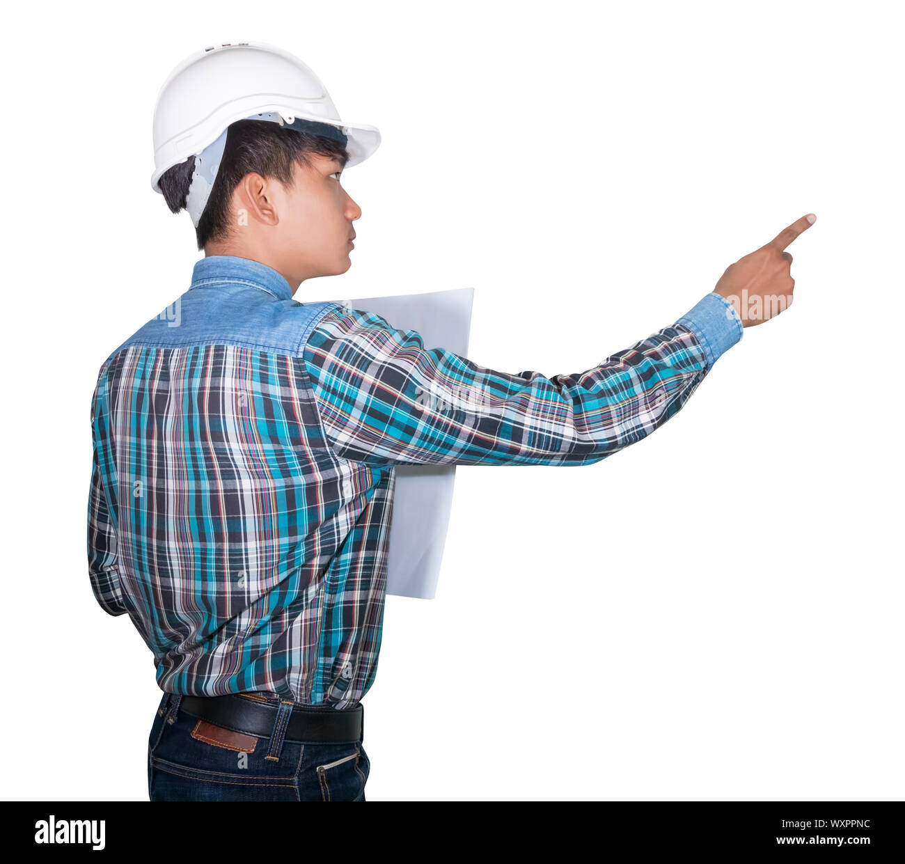 Engineer finger point with holding rolled blueprints inspect ...