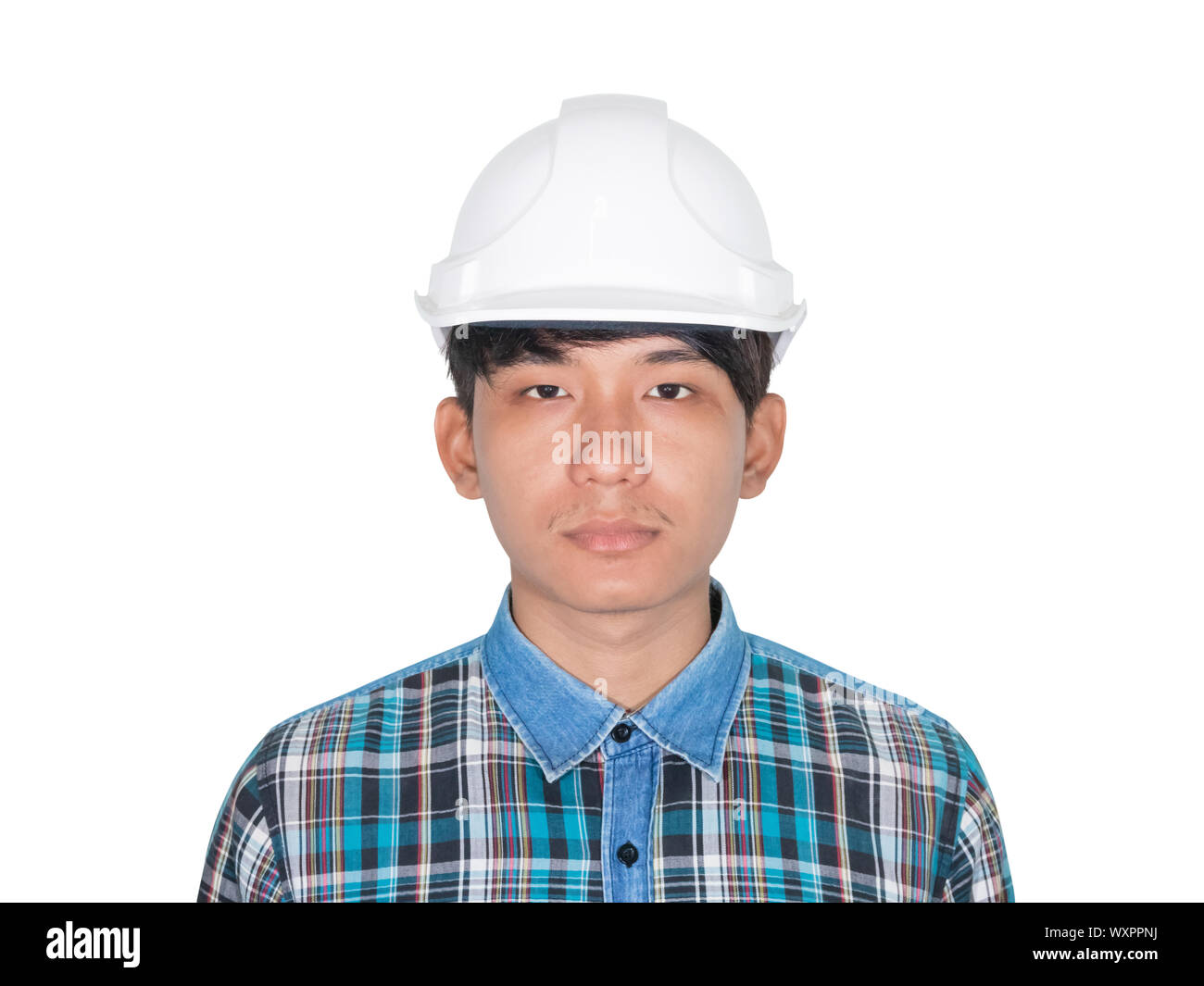 Engineer construction and wear white safety helmet plastic on white ...