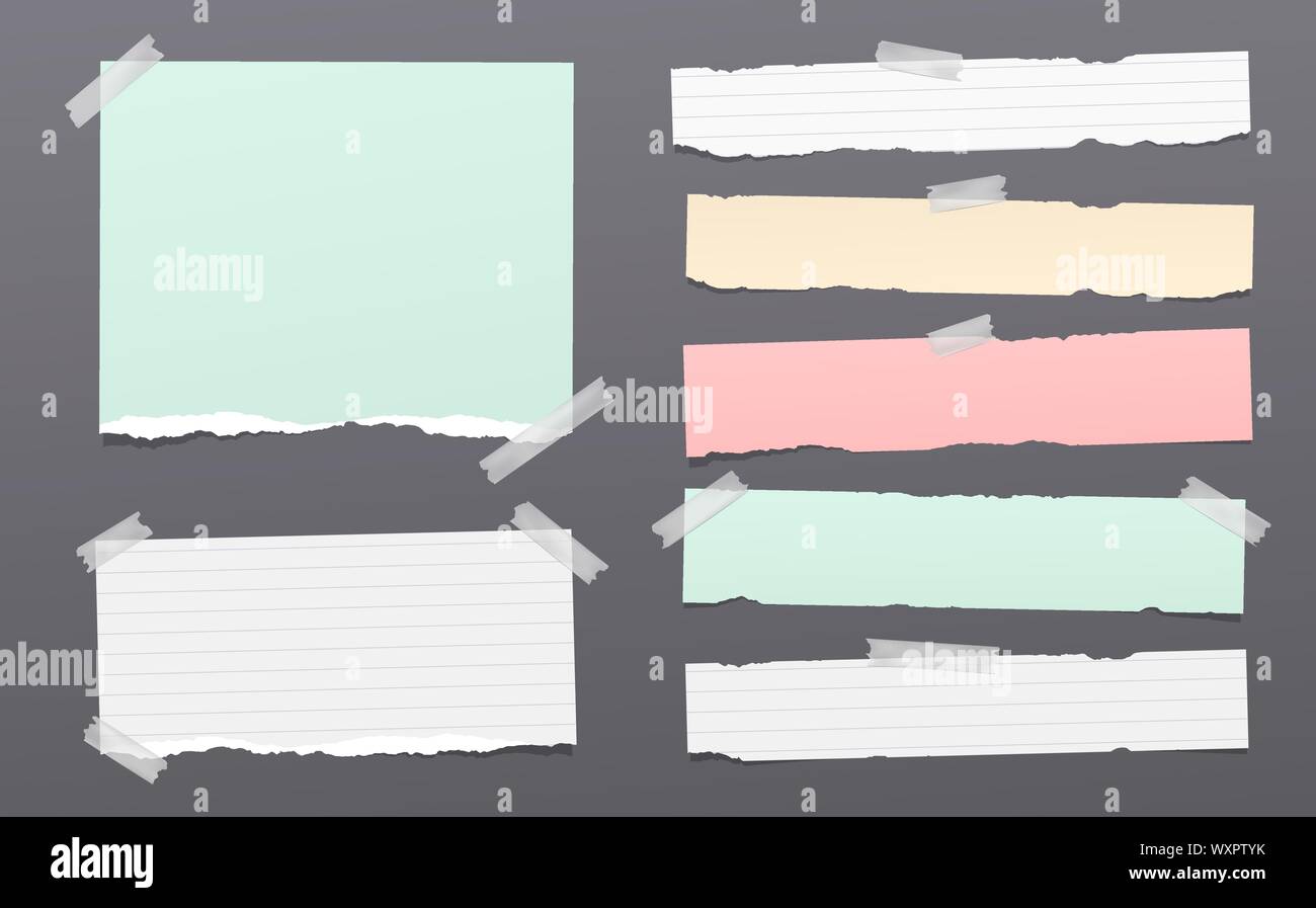 Set of torn white and colorful note, notebook paper strips stuck on ...
