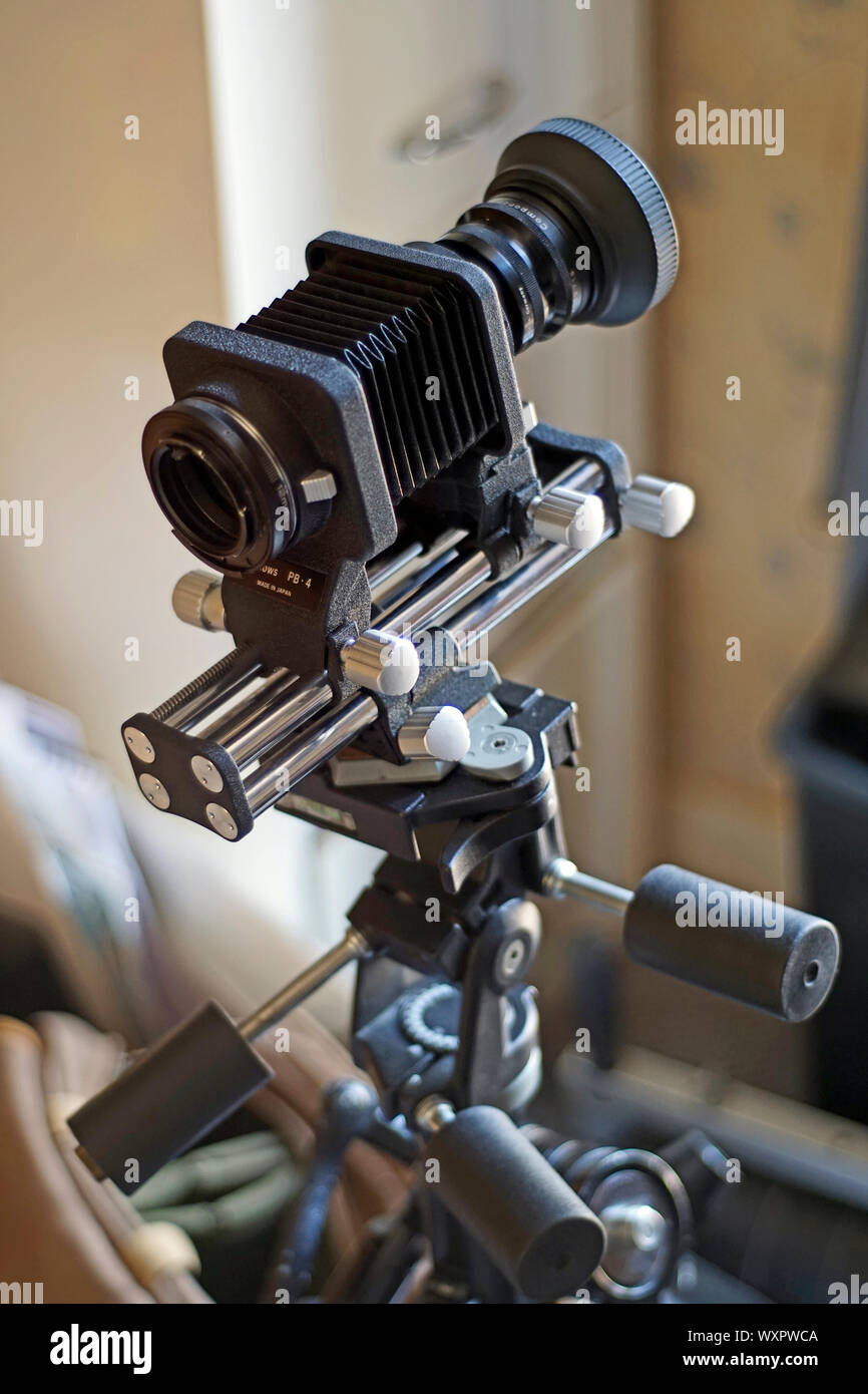 close up photographic camera bellows on focusing rail on tripod Stock ...