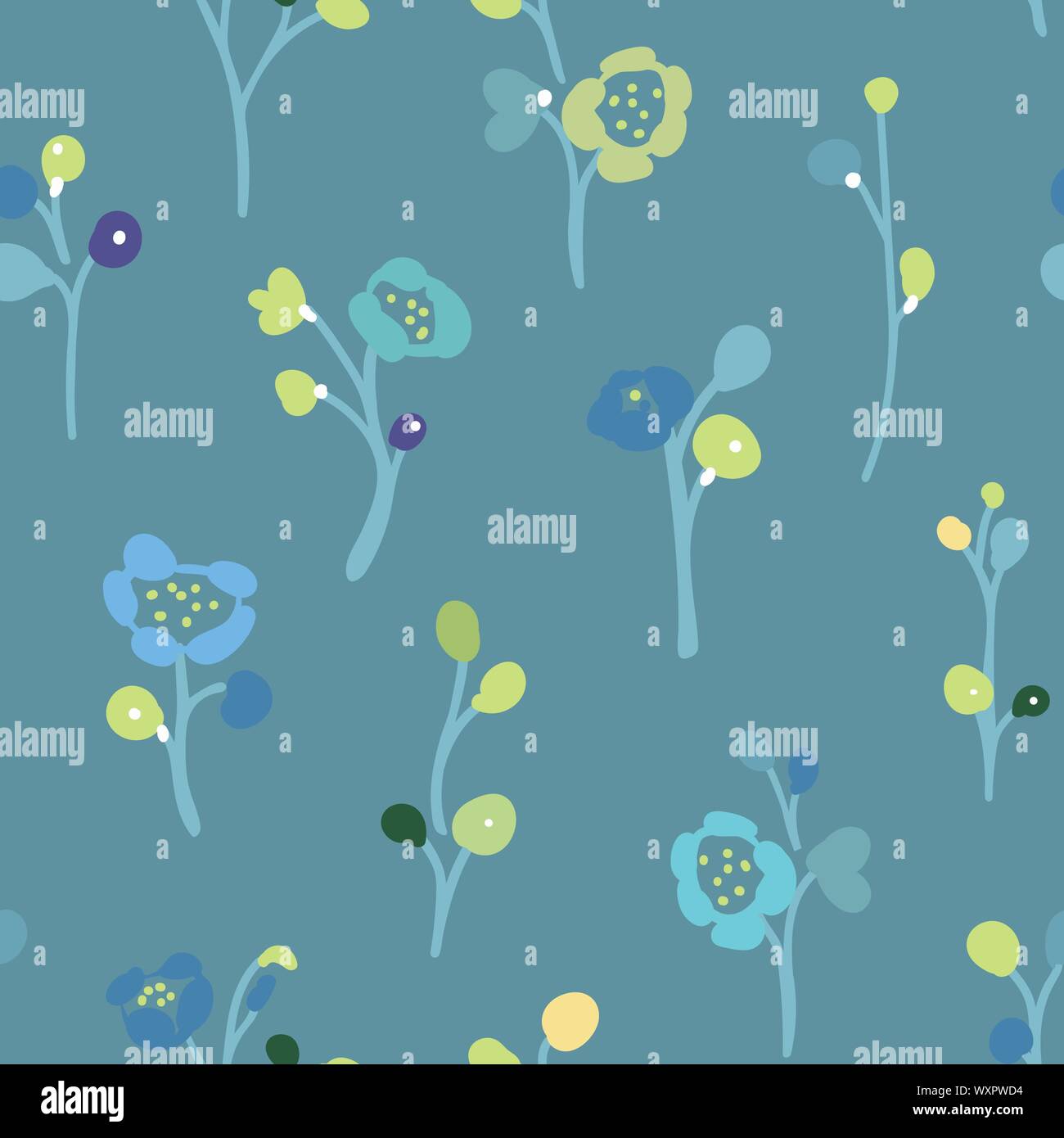 Blue vector repeat pattern with small hand drawn doodle florals and ...