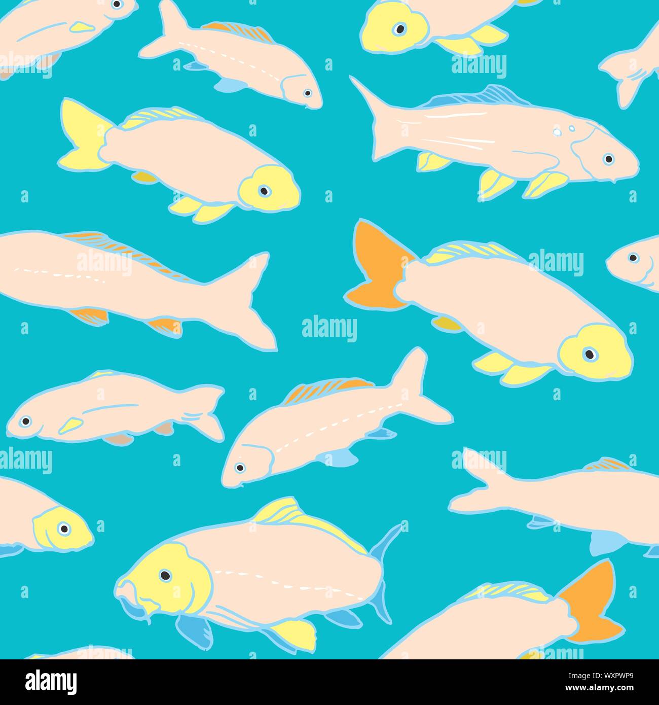 Wavy sealife goldfish koi seamless pattern. With carp fish in tones of ...