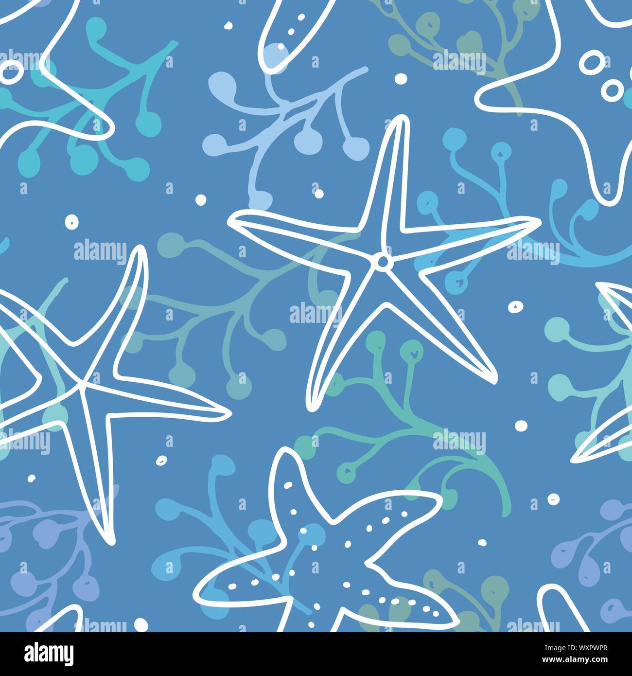 Blue vector repeat pattern with seaweed, wave and bubble. Underwater ...