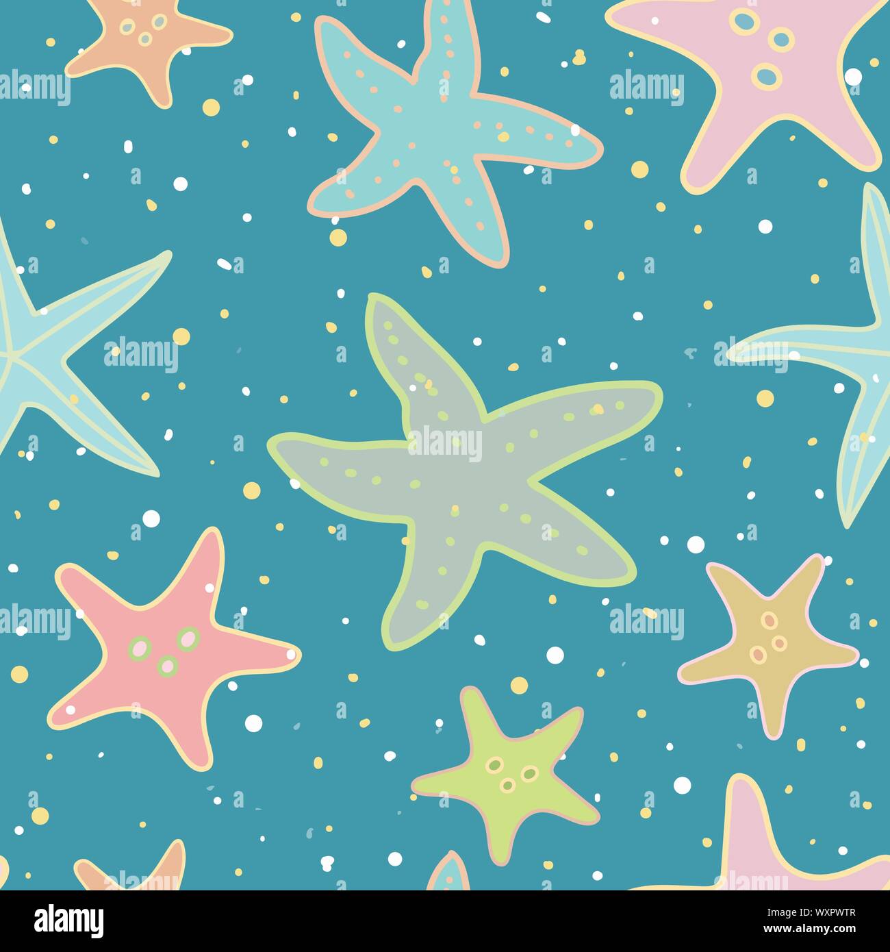 Turquoise vector repeat pattern with pastel starfish and sand. Summer ...