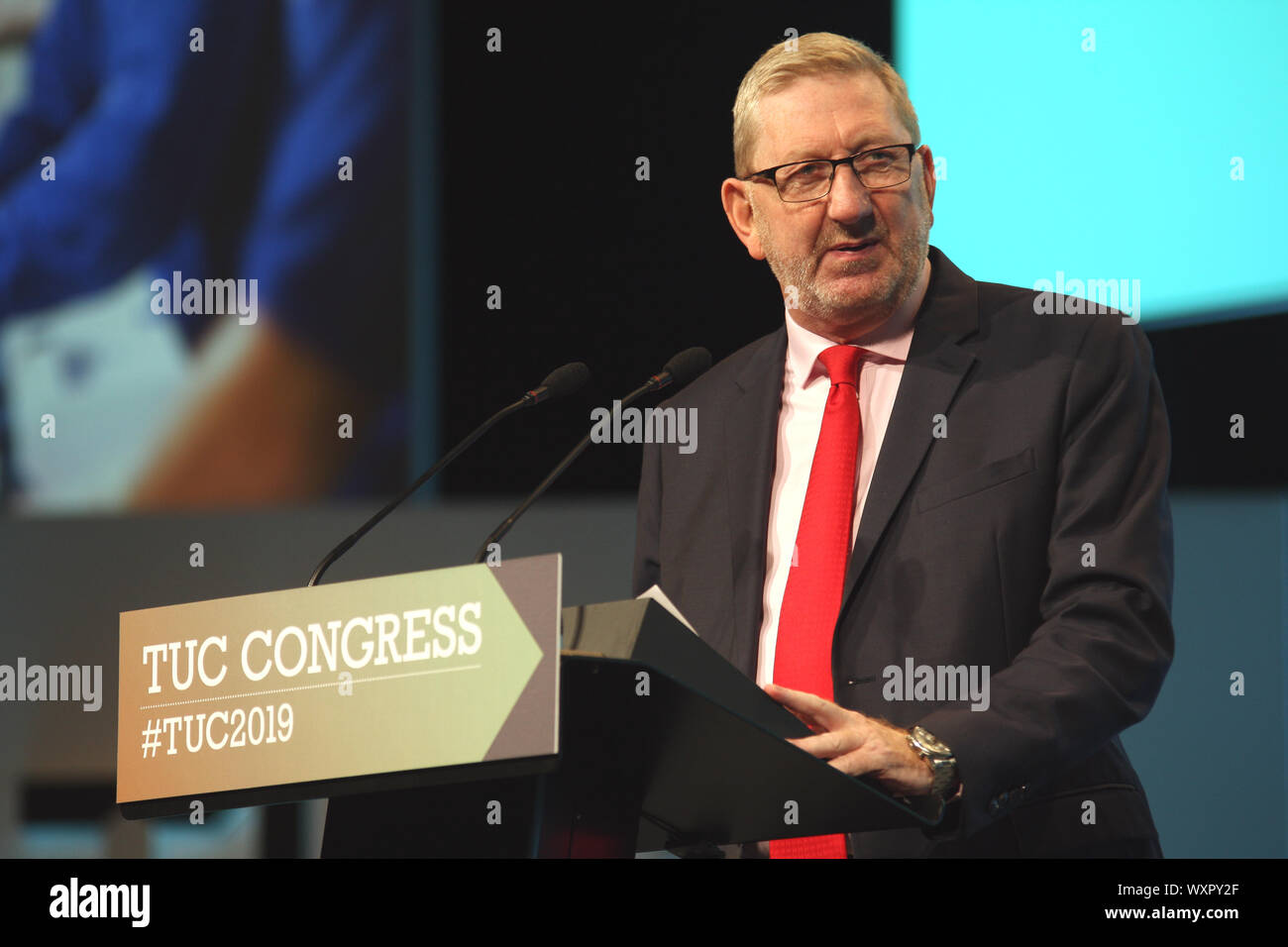 Len McCluskey speaking at the TUC Congress 2019 Brighton Conference ...