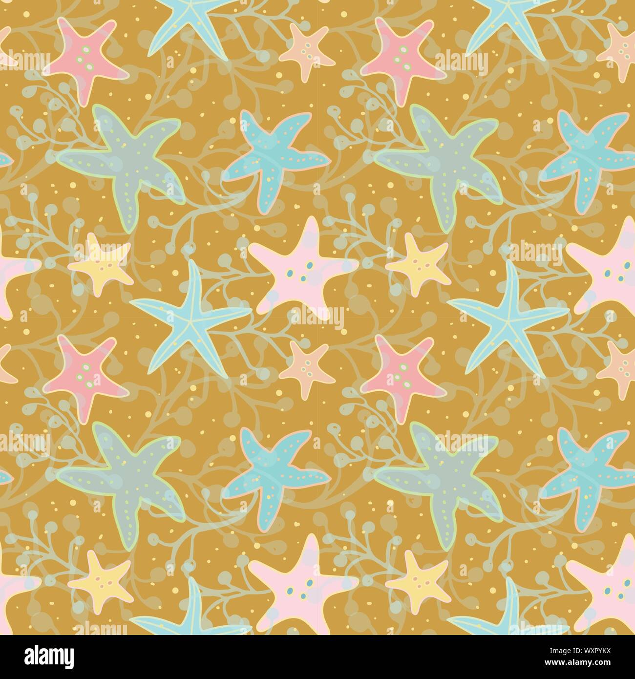 Gold vector repeat pattern with seaweed and pastel starfish. Summer ...